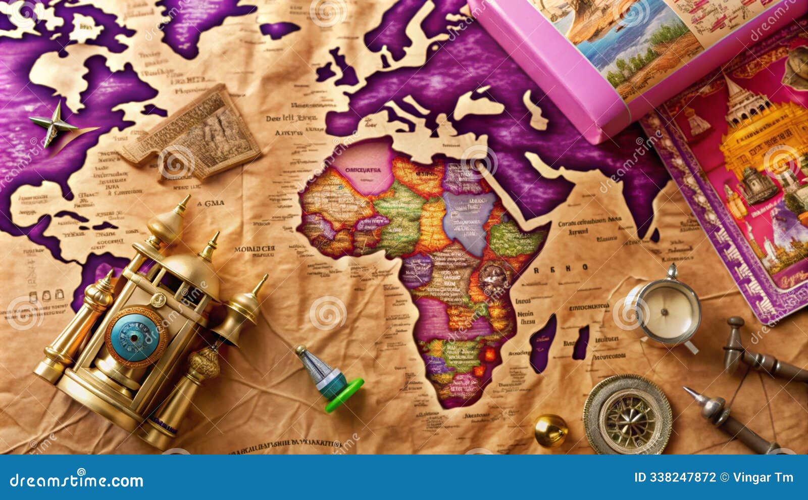 A Vintage World Map with Travel Accessories Stock Photo - Image of ...