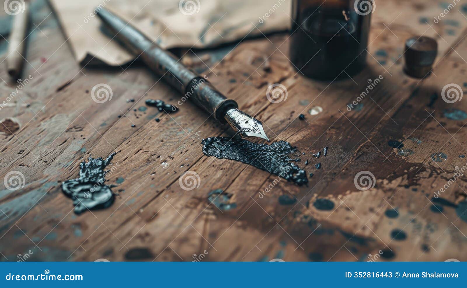 Vintage Writing Tools with Ink Splatter on Rustic Wood for Creative ...