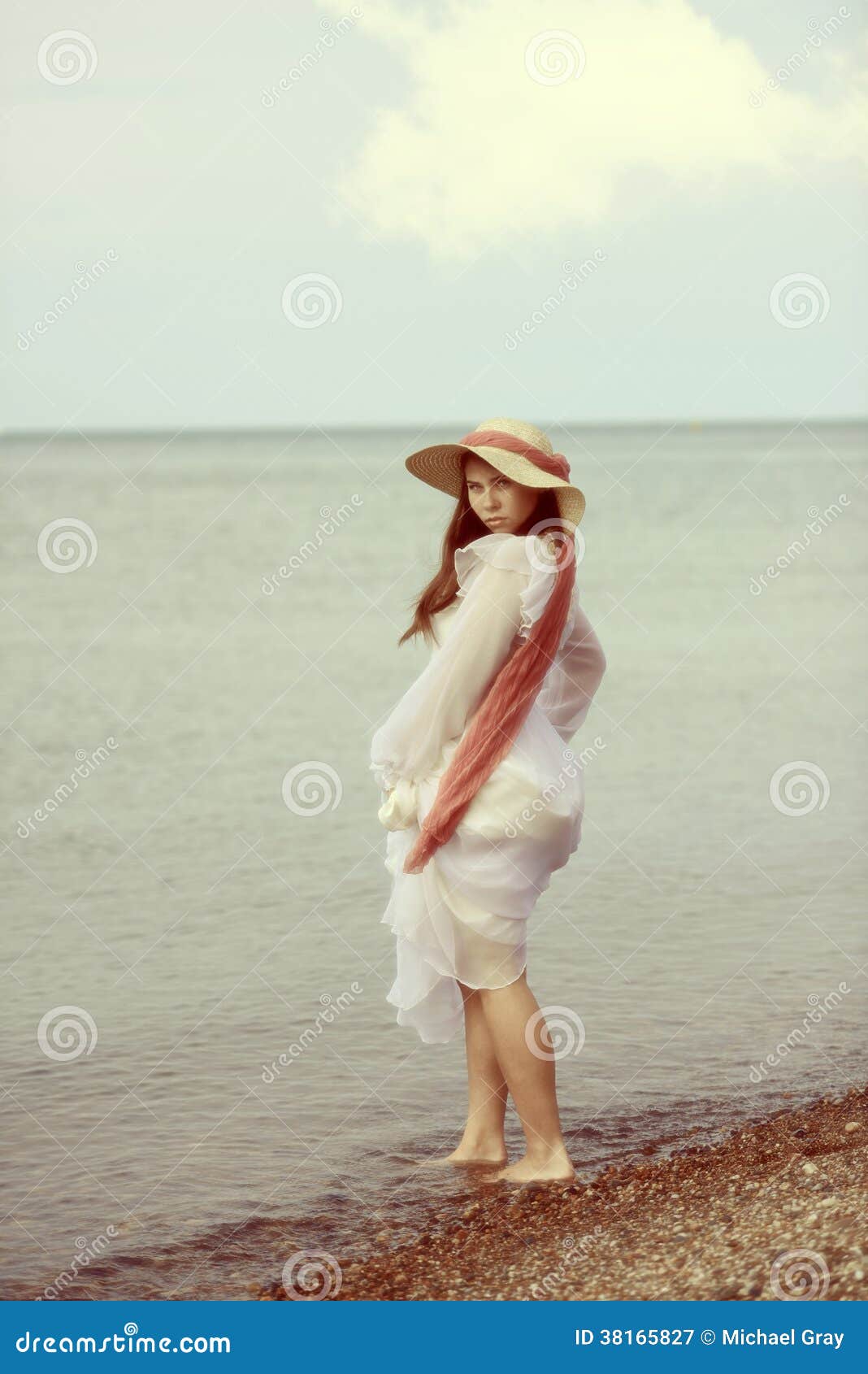 Vintage Young Lady by the Sea Stock Image - Image of landscape ...