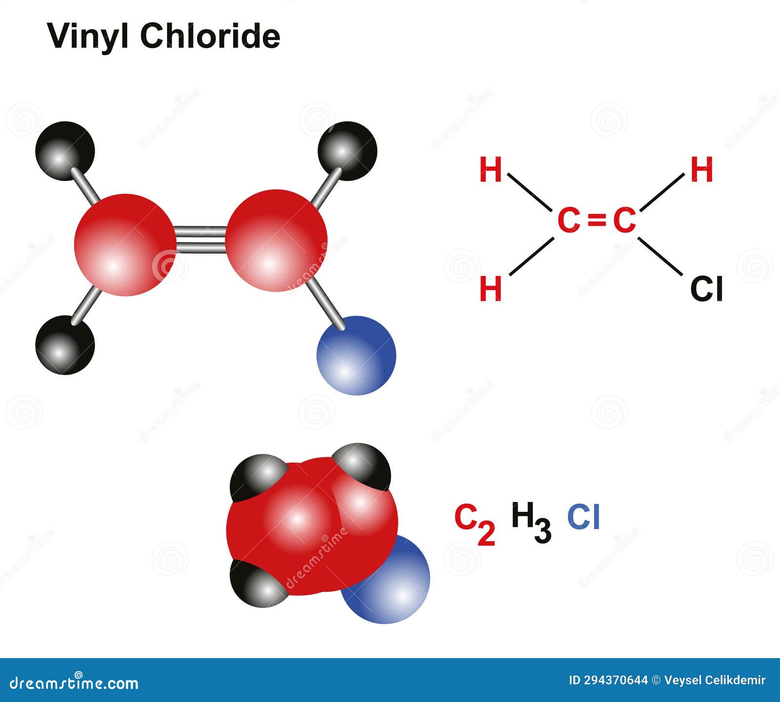 Vinyl Chloride Molecule 3d Rendering, Flat Molecular Structure With ...
