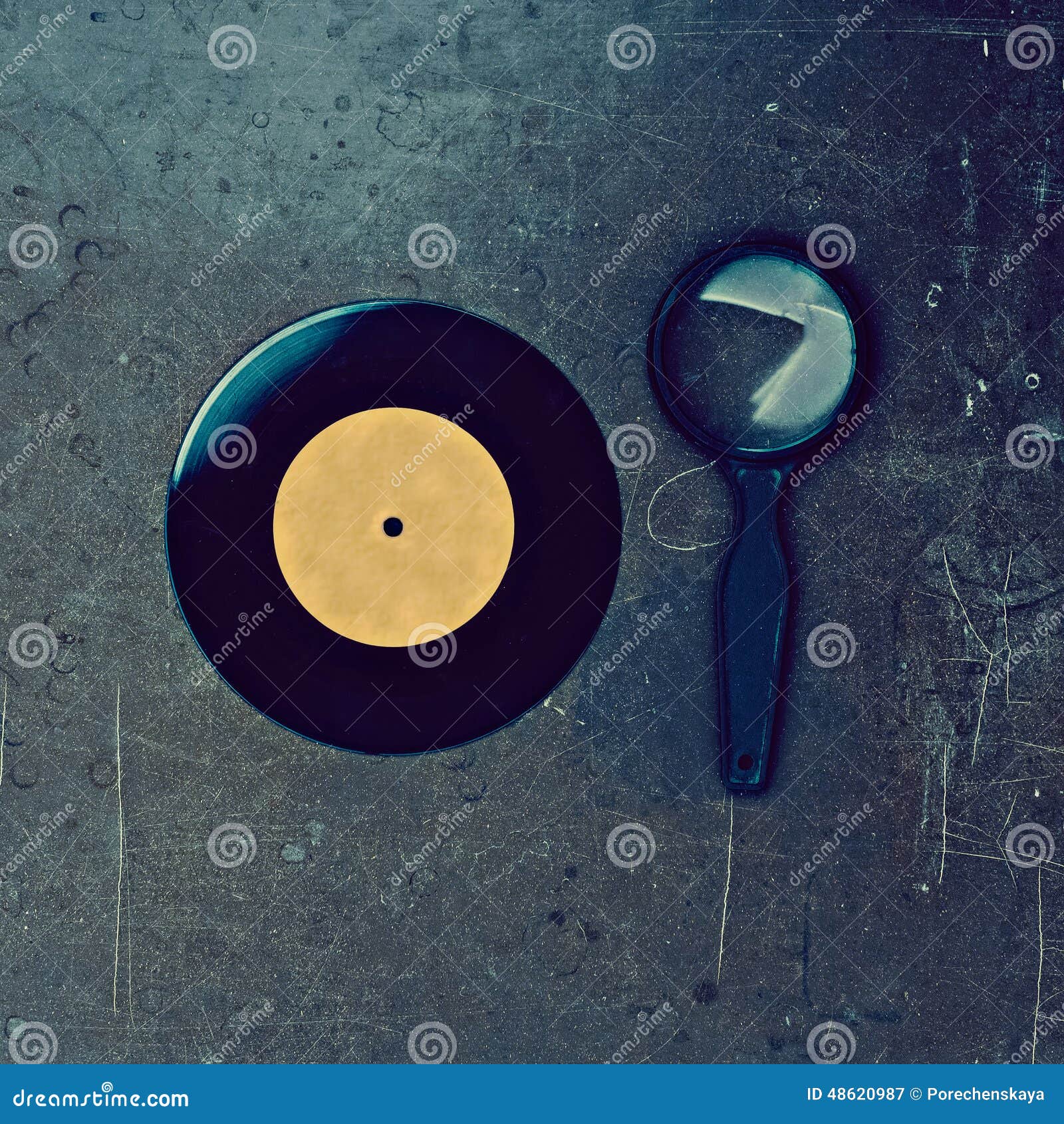 Vinyl record and magnifier stock image. Image of retro - 48620987