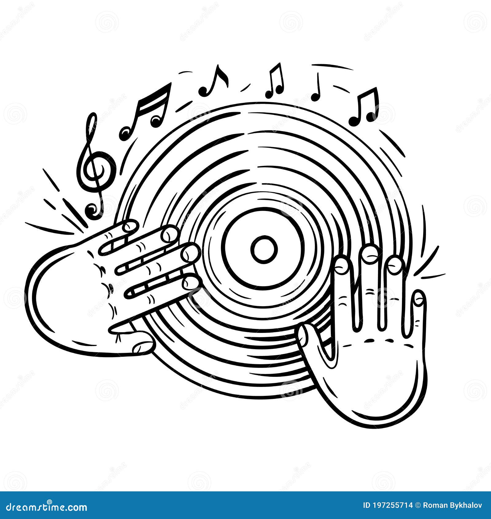 Vinyl Record and Musical Notes.Disc with Dj Hand Vector Sketch Icon ...