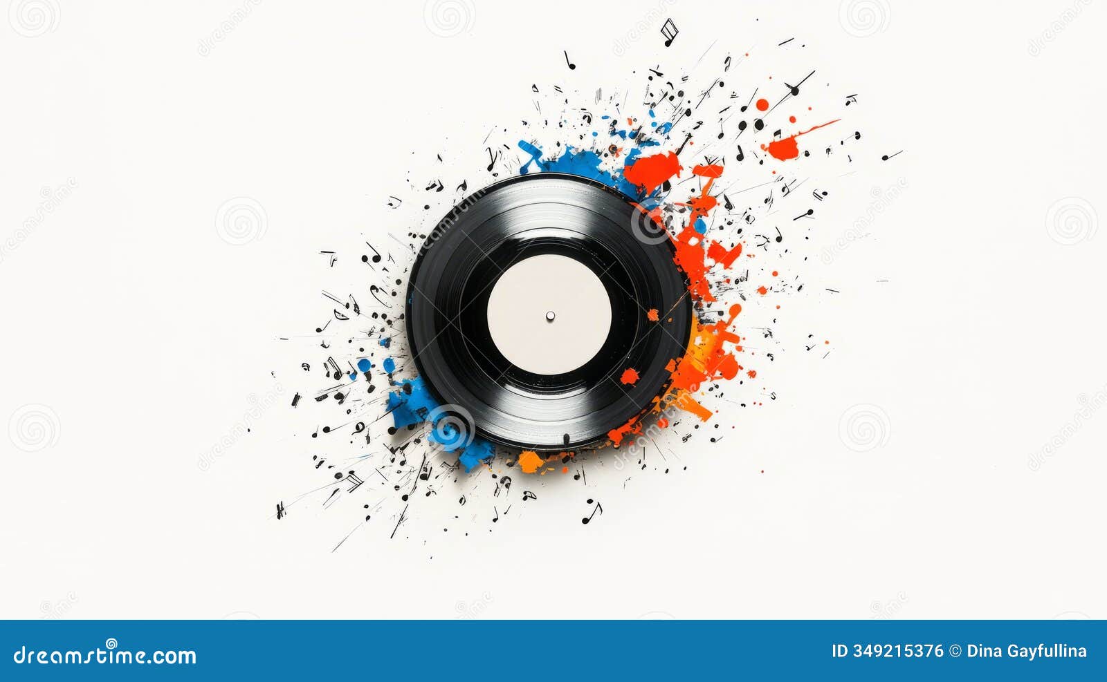 Vinyl Record with Musical Notes Flowing on White Background Stock Photo ...