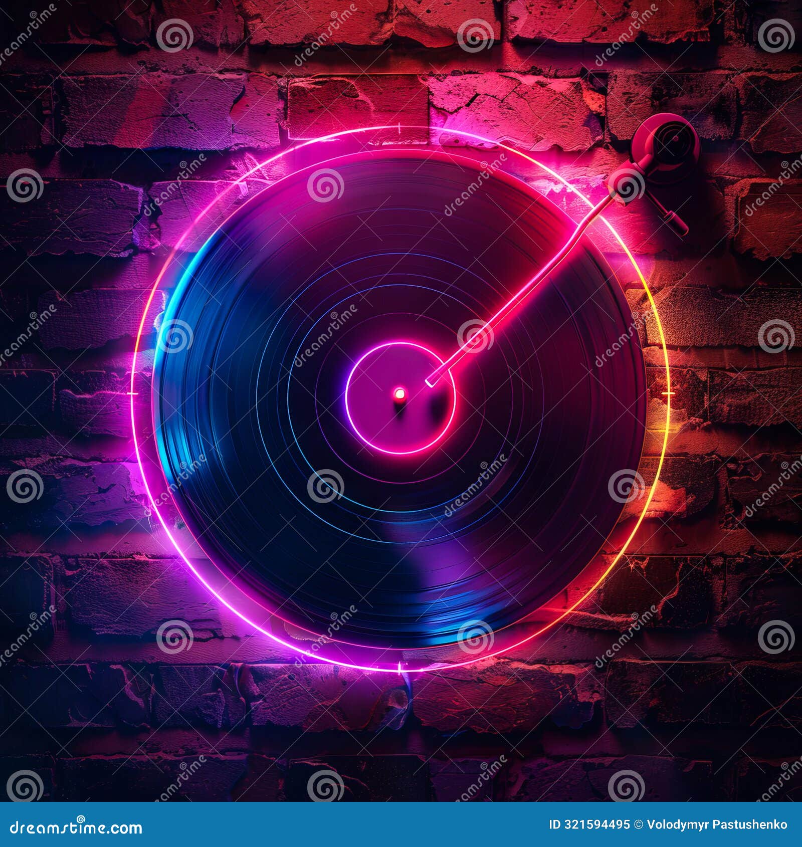 A Vinyl Record with Neon Lights on a Brick Wall Stock Illustration ...