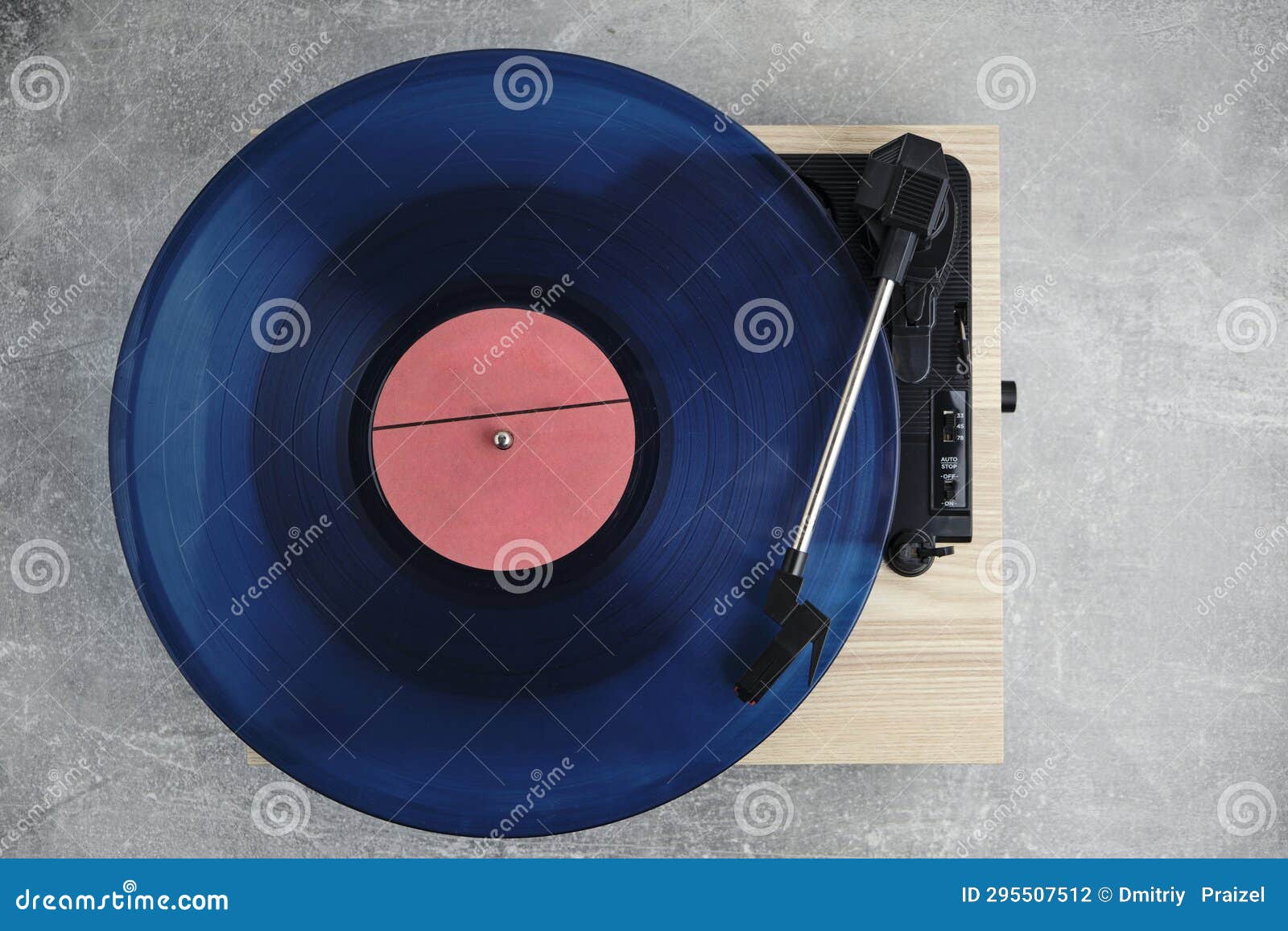 Vinyl Record Player with Blue Record Installed Top View Gray Background ...