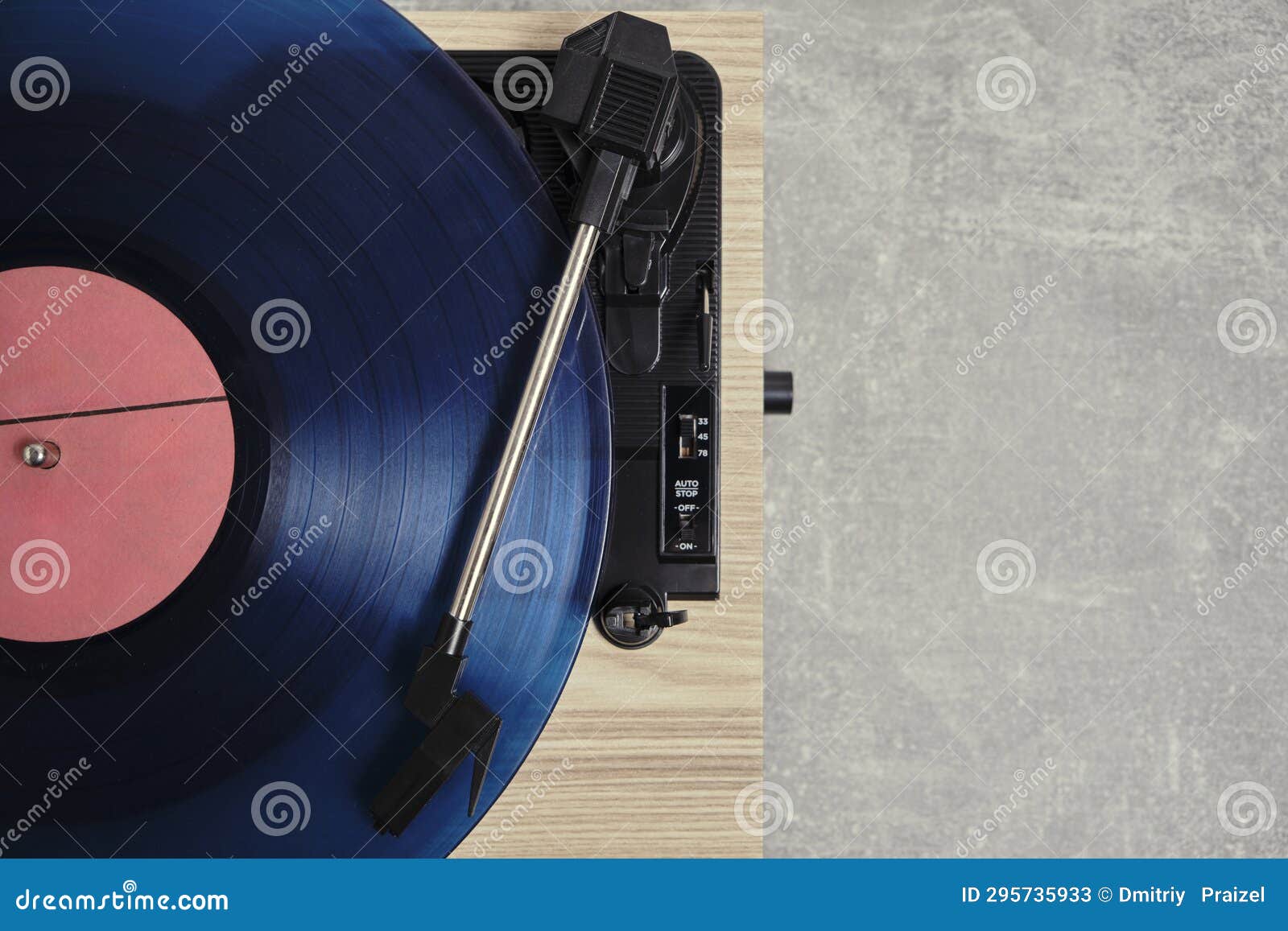 Vinyl Record Player with Blue Record Installed Top View Gray Background ...