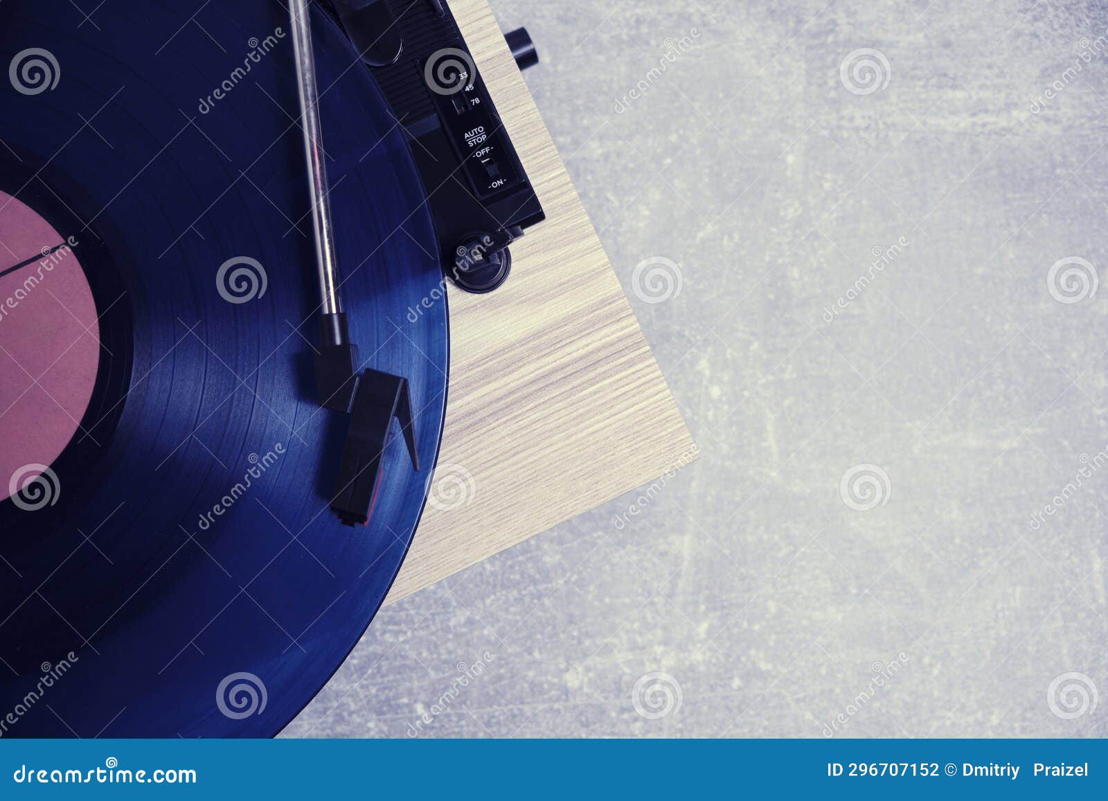 Vinyl Record Player with Blue Record Installed Top View Gray Background ...