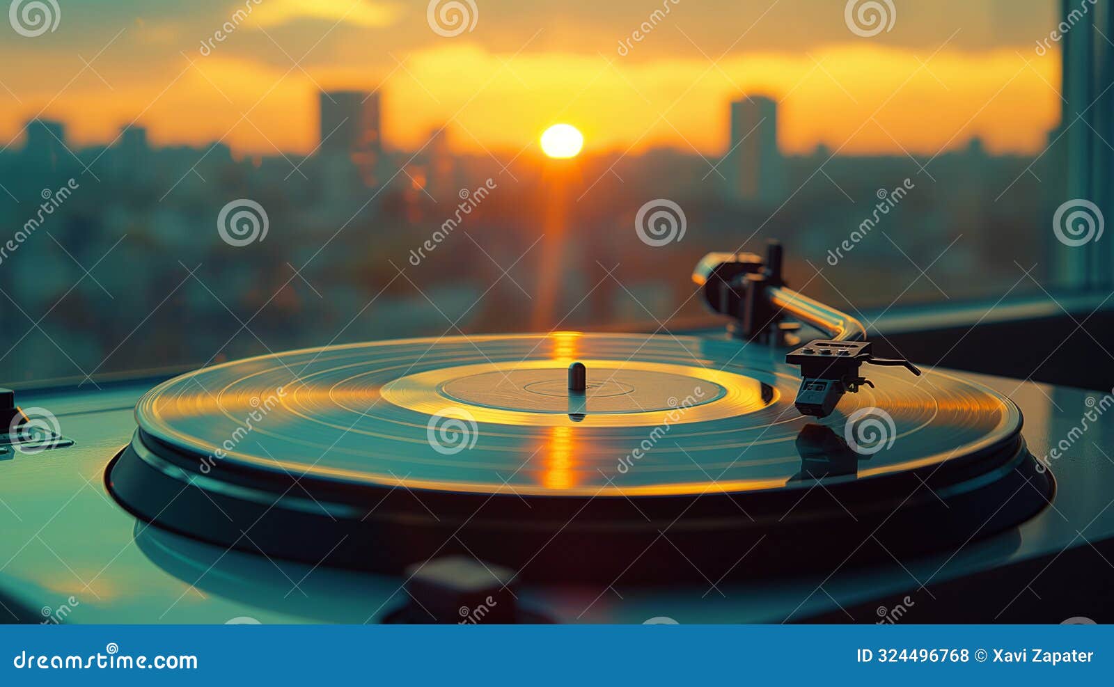 Vinyl Record Playing on a Turntable at Sunset Stock Illustration ...
