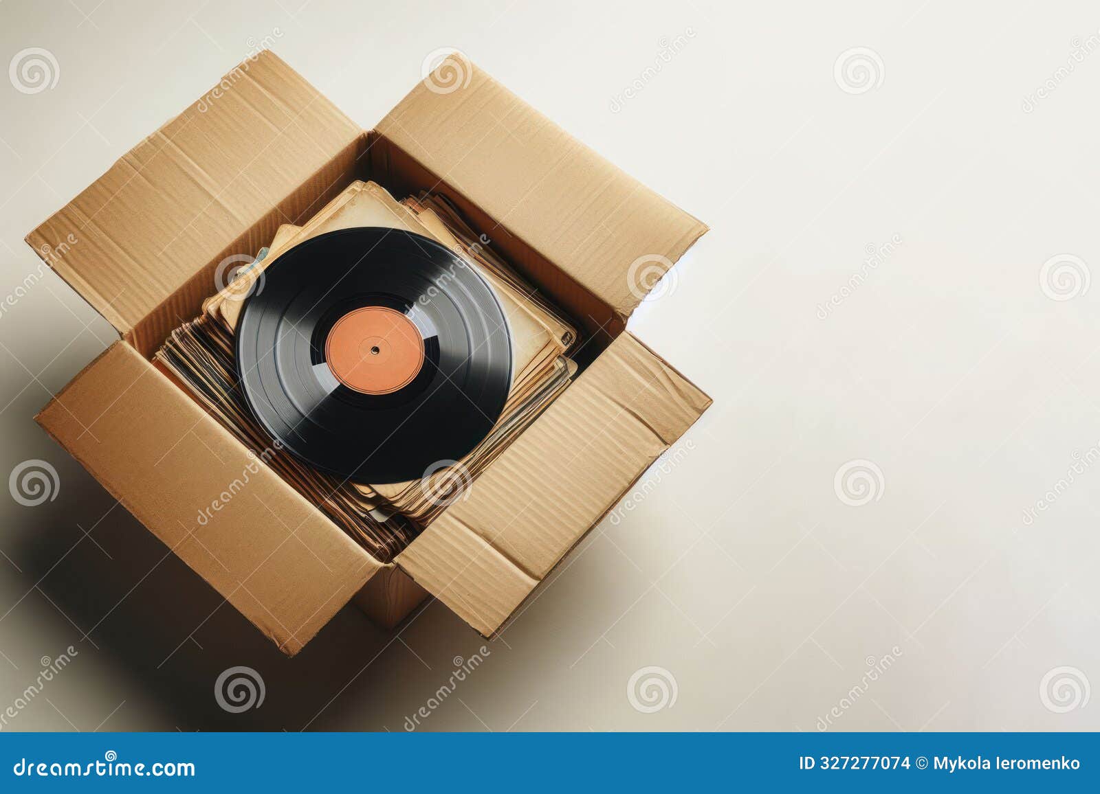 Vinyl Records Lying in a Cardboard Box. Space for Text. Stock Photo ...