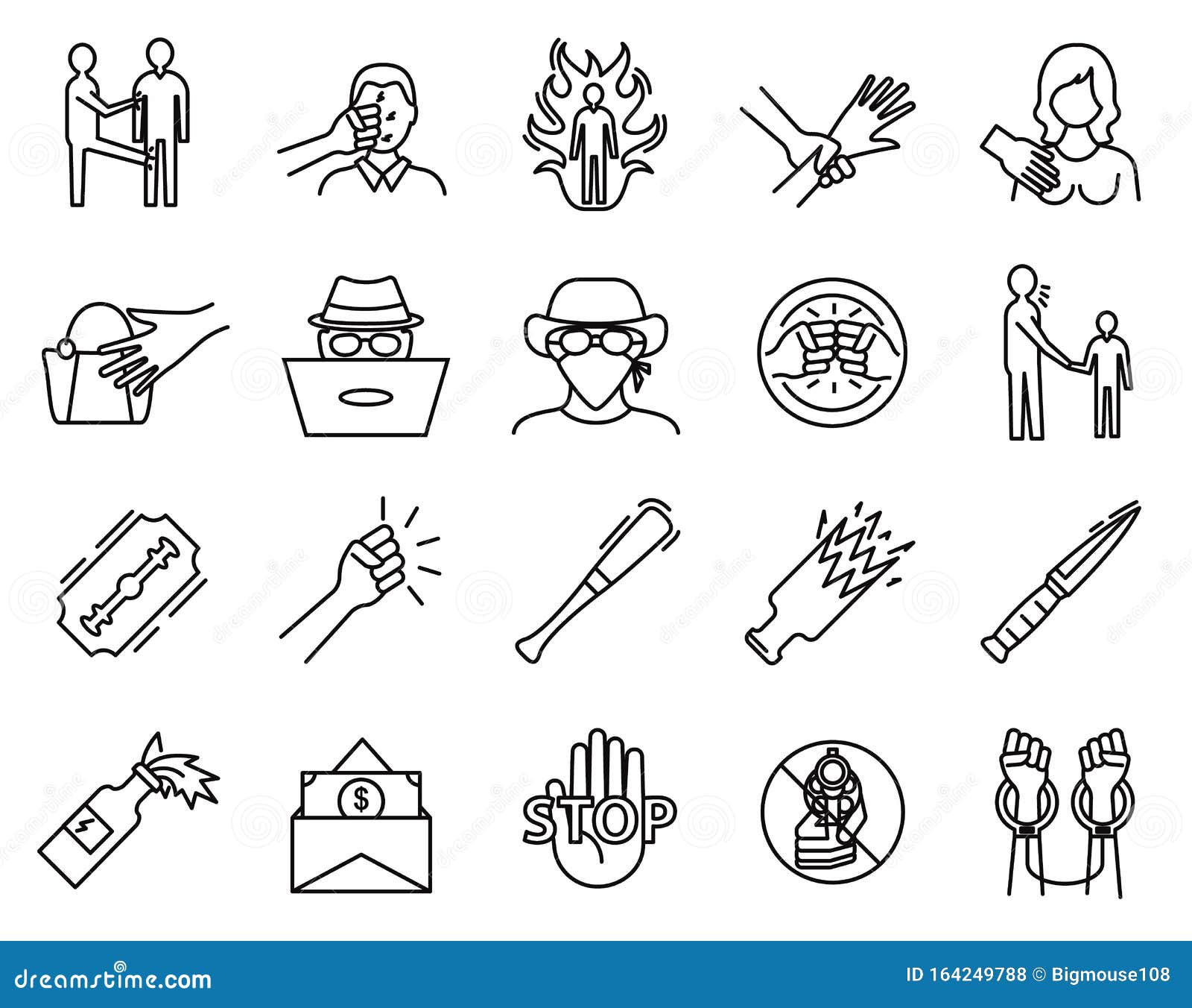 Violence Sign Black Thin Line Icon Set. Vector Stock Vector ...