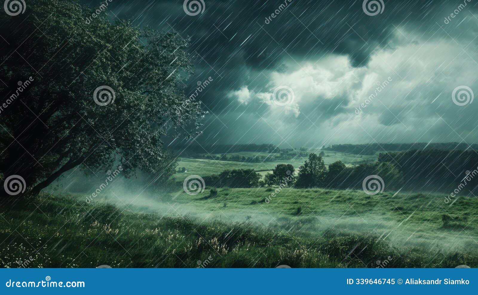 Violent Storm Sweeping Over a Countryside with Trees Swaying in the ...