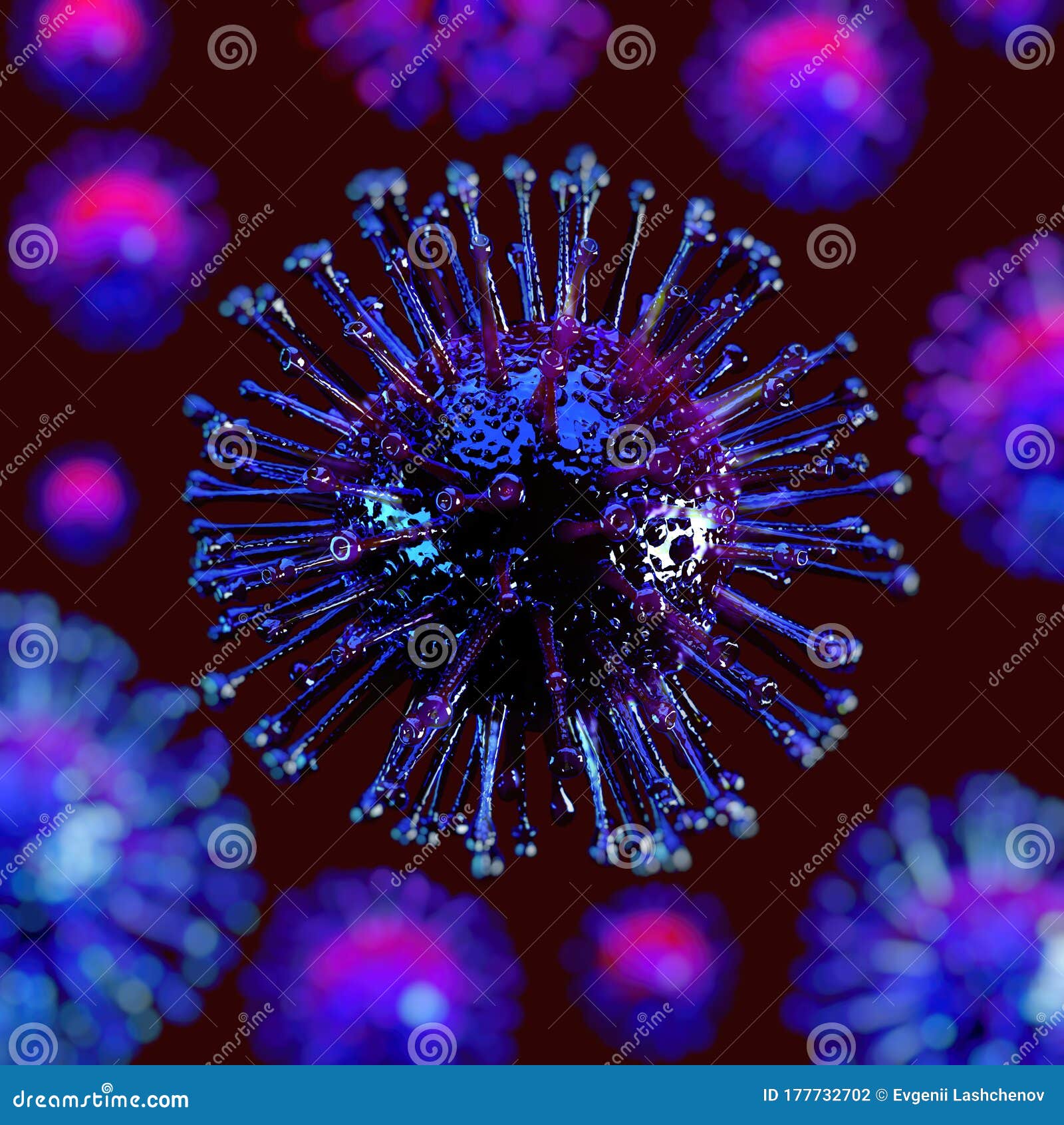 Violet and Blue Covid Virus 19 in the Center in Sharpness, while Others ...