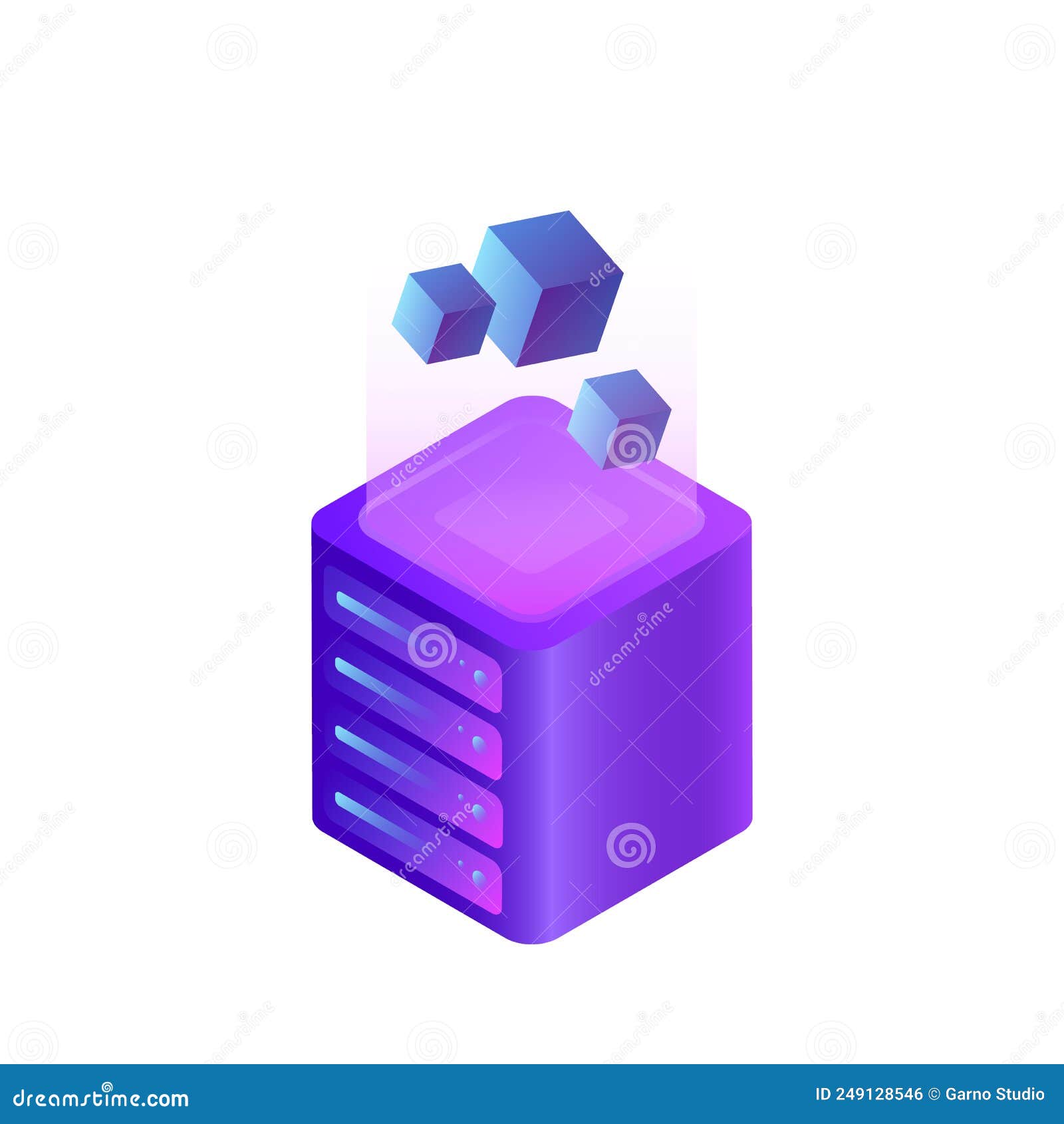 Violet 3D Cube with a Ray of Light and Flying Cubes. Decorative ...