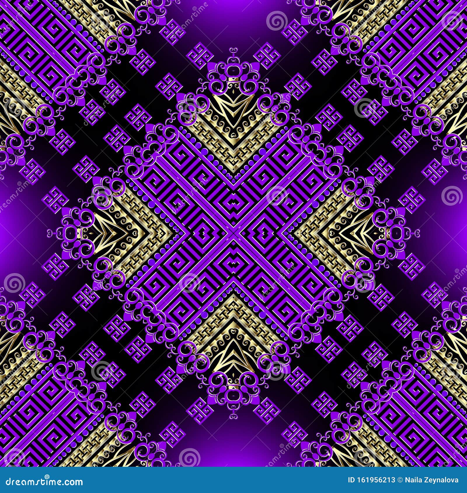 Violet Gold 3d Geometric Greek Vector Seamless Pattern. Ornamental ...