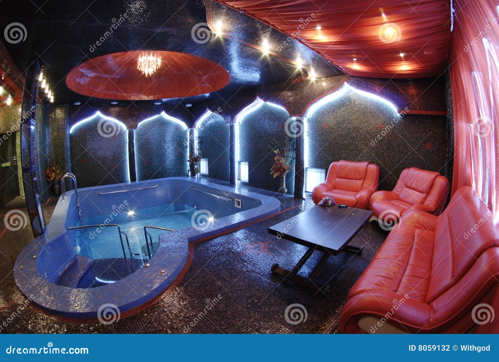 Violet Pool with Red Furniture Stock Photo - Image of arch, room: 8059132