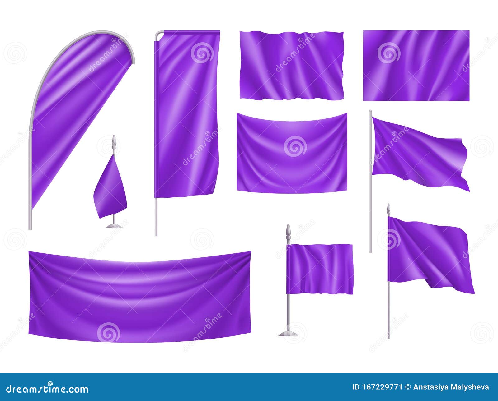 Violet Rectangular Flags Set Isolated on White Stock Vector ...