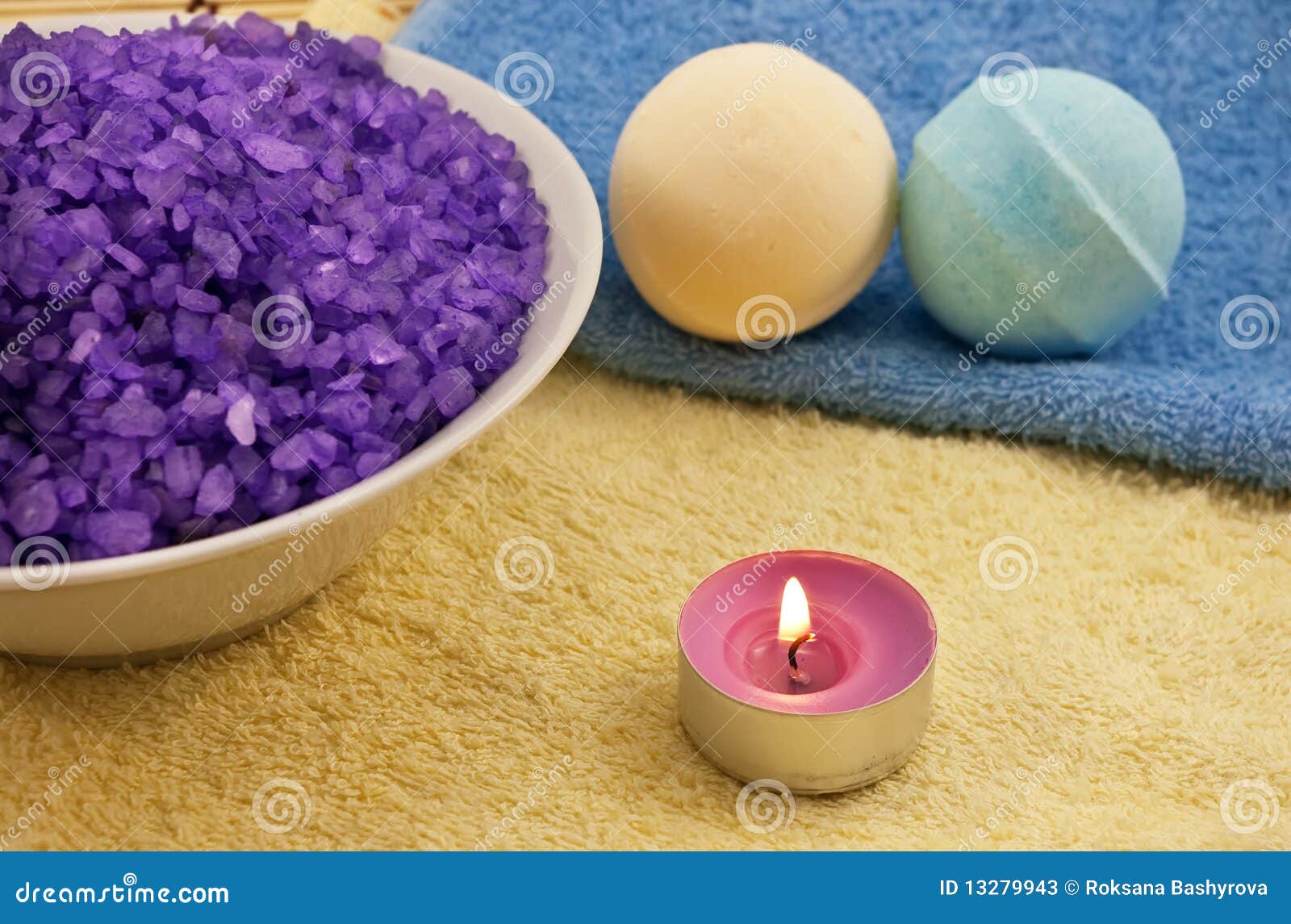 Violet Salt with Candle and Bath Balls Stock Image - Image of crystal ...