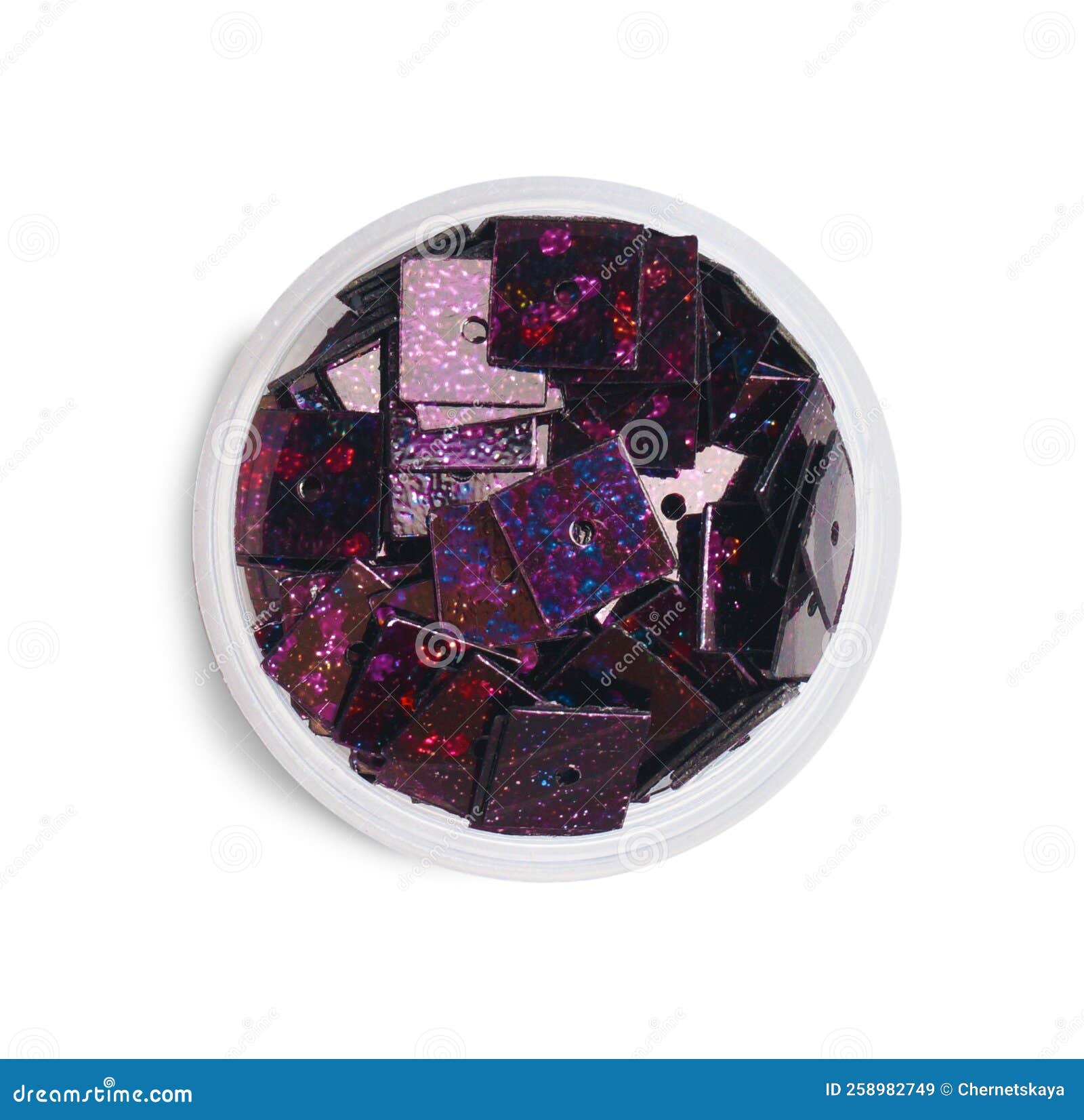Violet Sequins in Container Isolated on White, Top View Stock Image ...