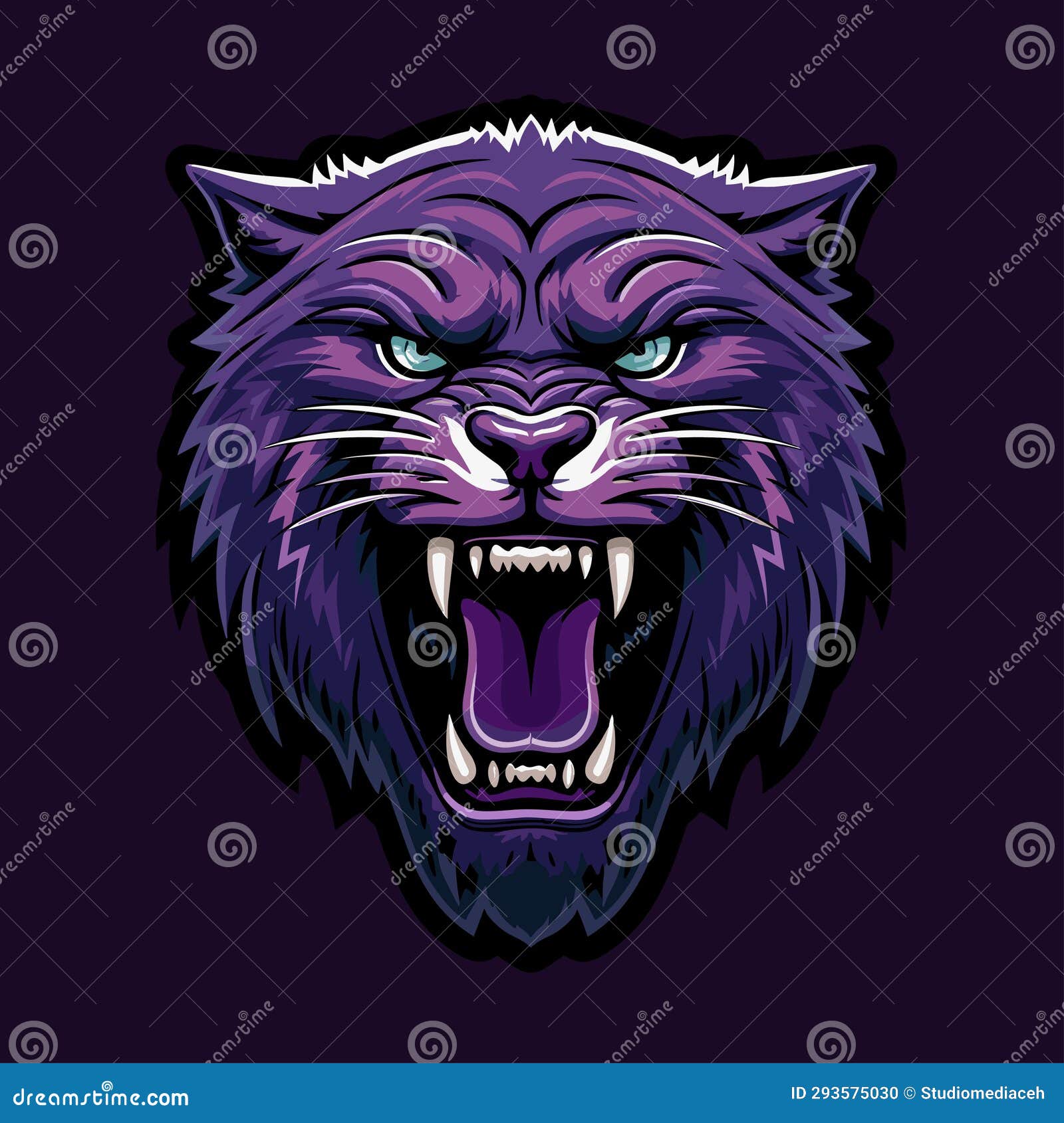Violet Vector Illustration of a Angry Tiger Head, Purple on Black ...