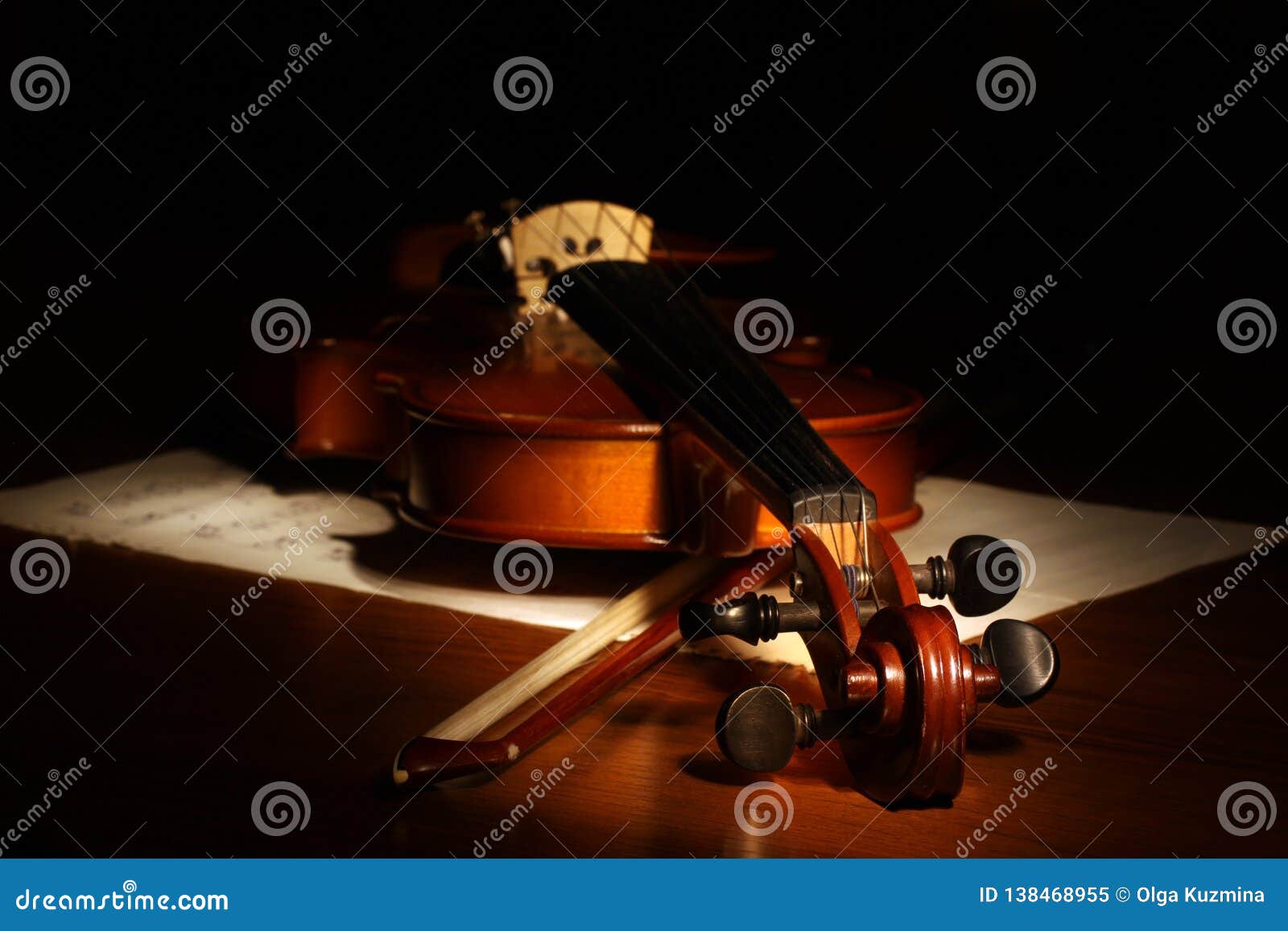 Violin on a Black Background. Sheet Music and Bow Stock Image - Image ...