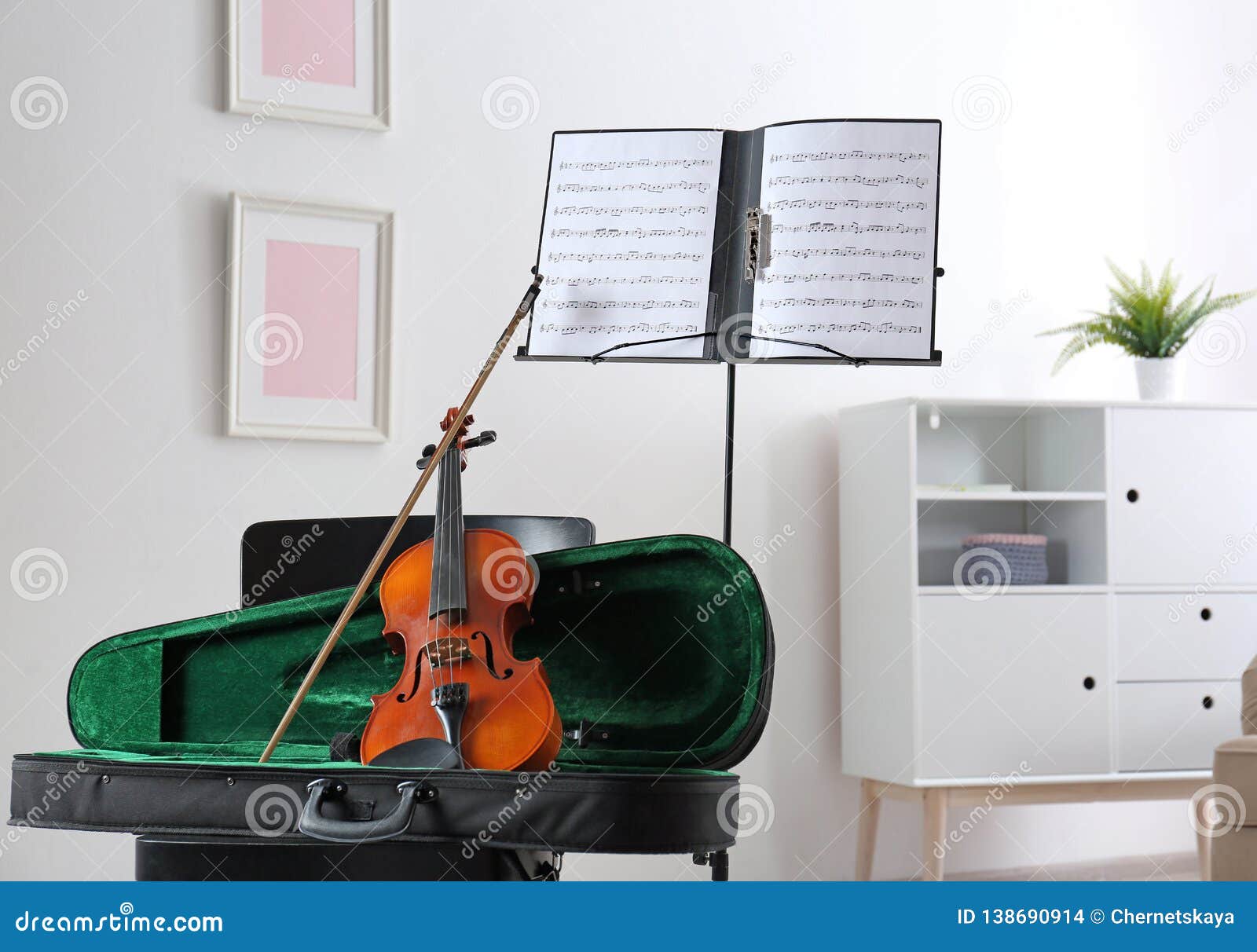 Violin, Case and Note Stand with Music Sheets Stock Photo - Image of ...