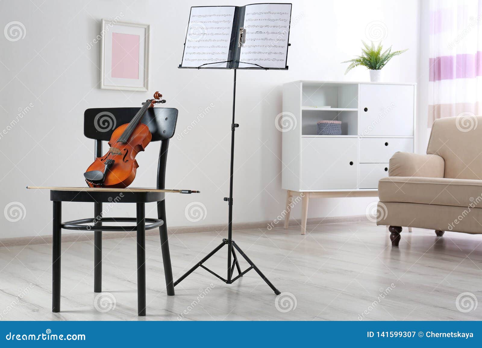 Violin, Chair and Note Stand with Music Sheets Stock Image - Image of ...