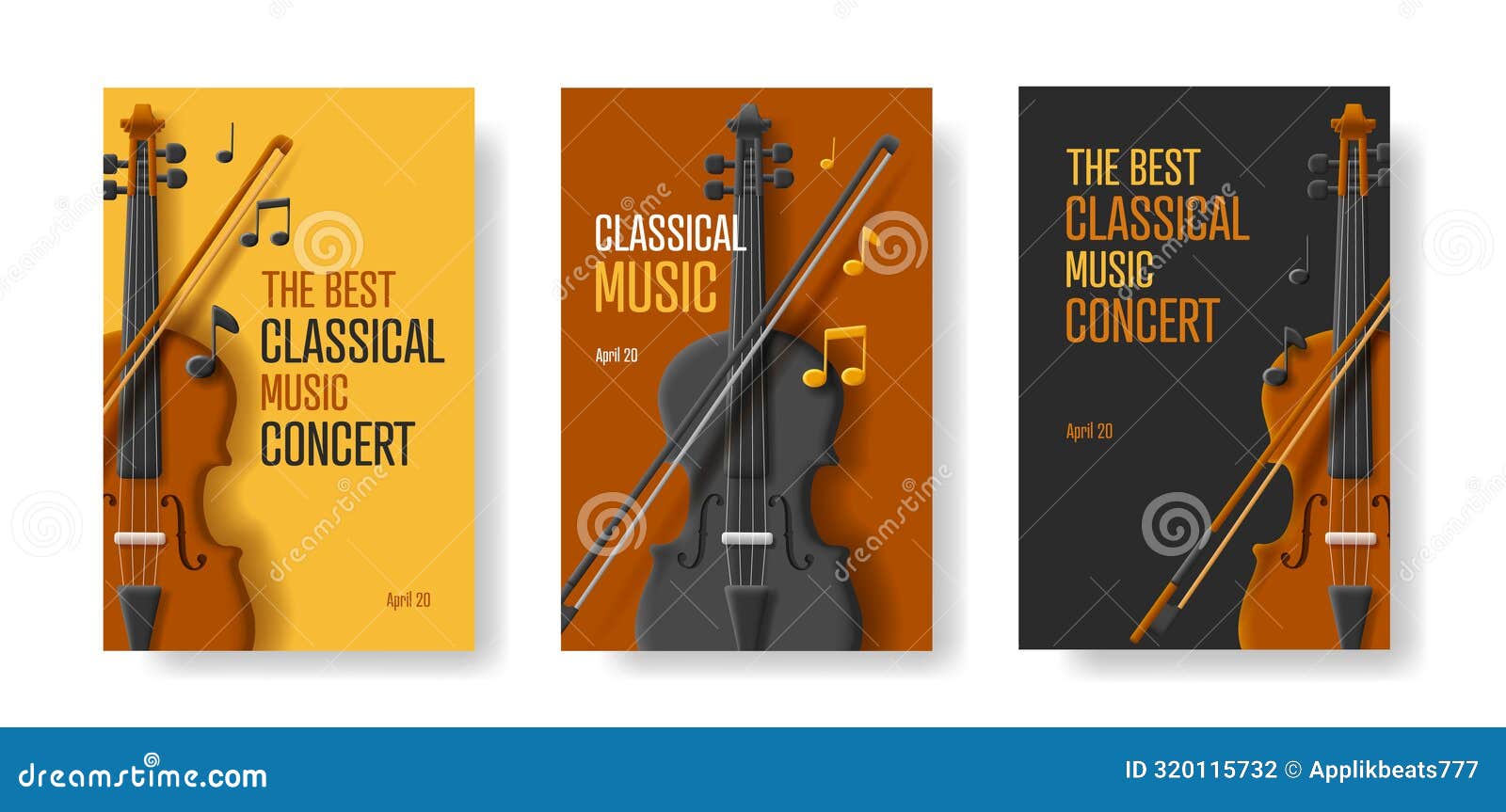 Violin Concert Set of Posters with 3d Illustration of Violin and Notes ...