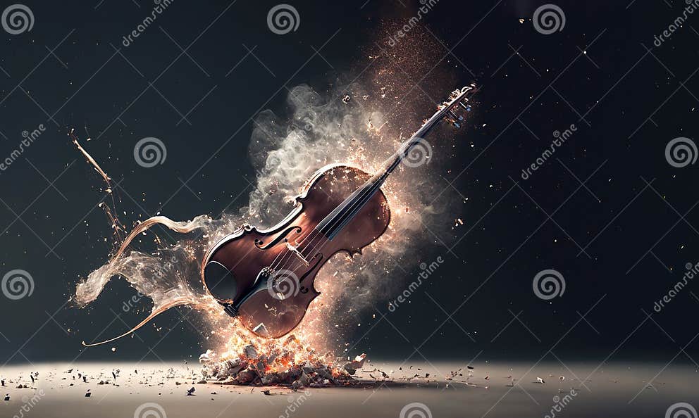 Violin Exploding with Fire and Smoke, Generative AI Stock Illustration ...