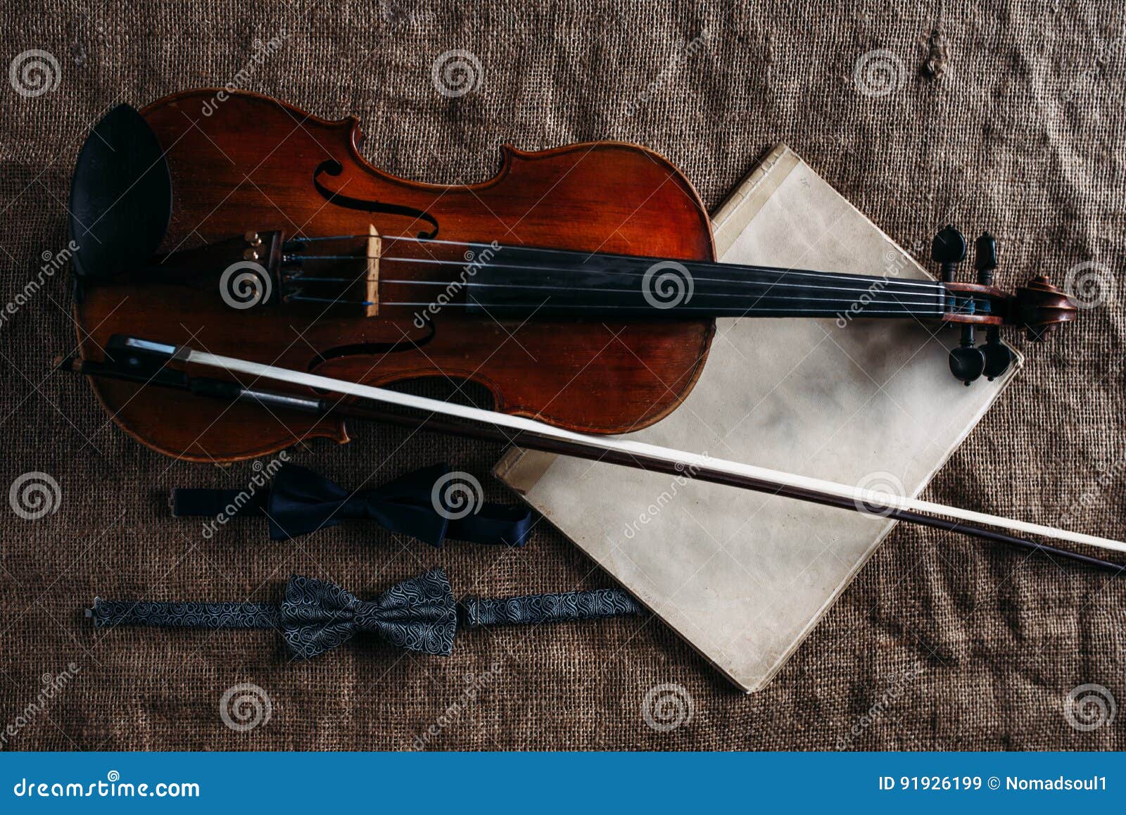Violin, Fiddlestick, Notes and Bowties Closeup Stock Image - Image of ...