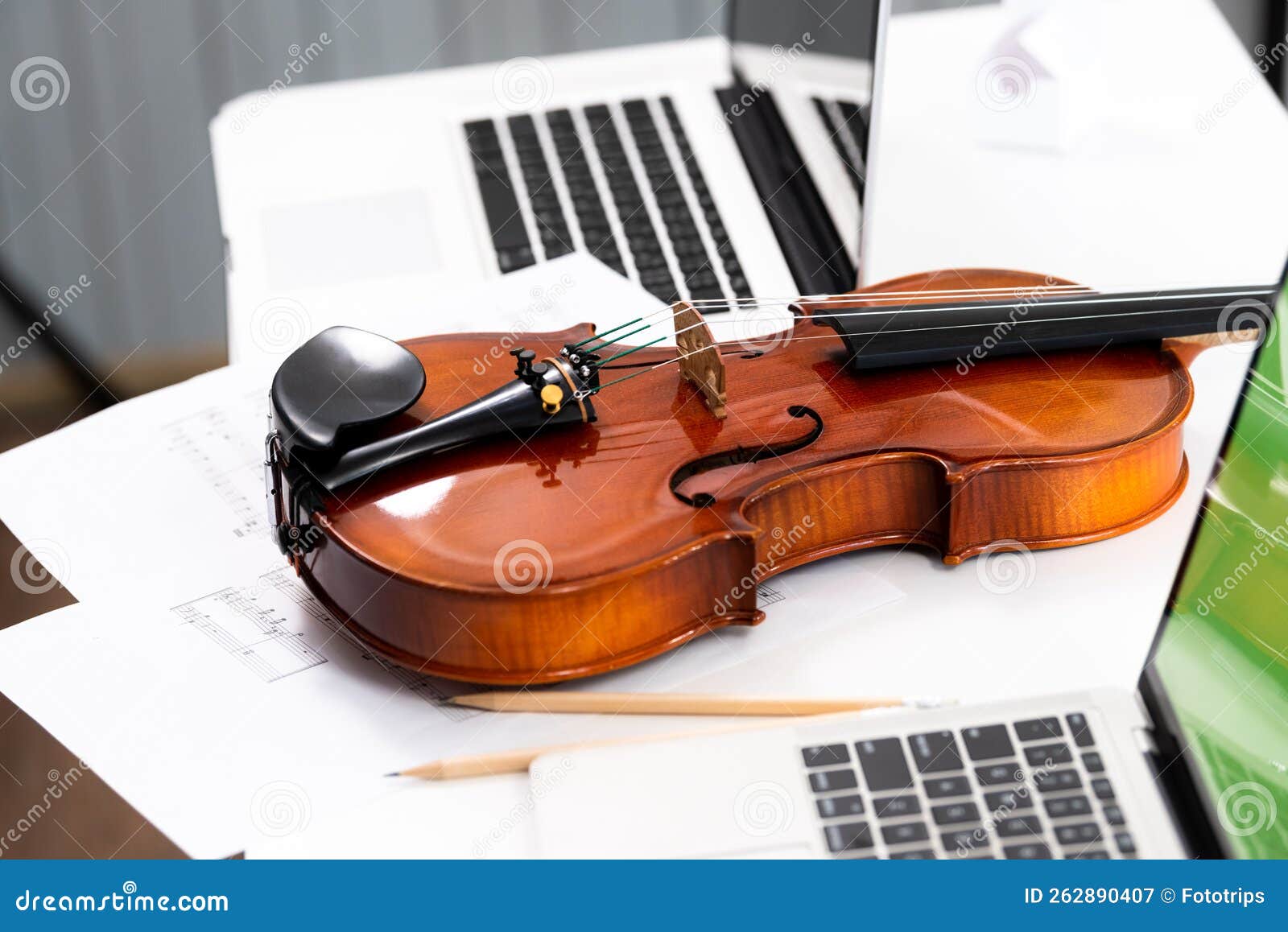 Violin with Music Paper Note and Notebook on Table Stock Image - Image ...