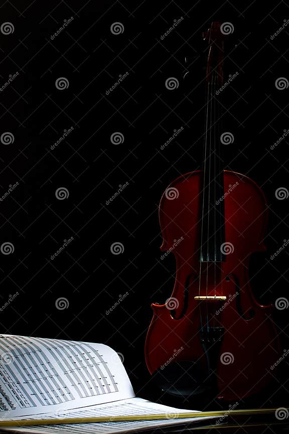 Violin with Notes and Bow on a Black Background Stock Image - Image of ...