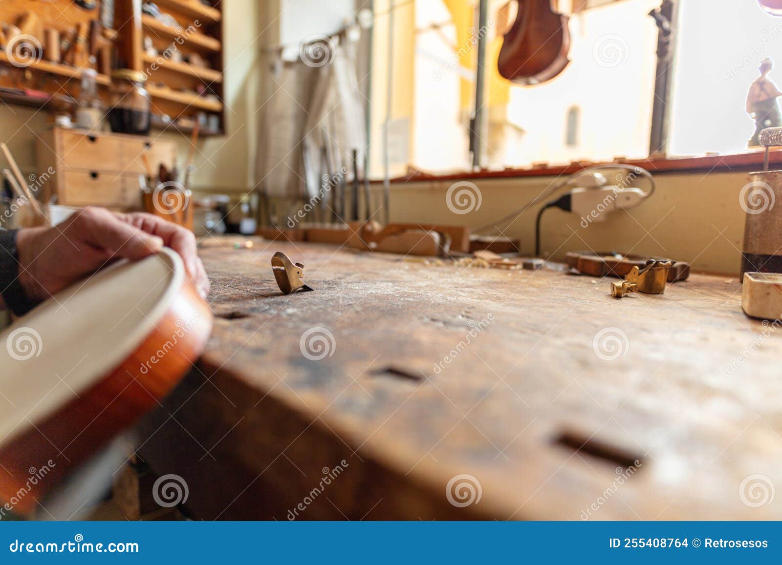 Luthier Carving the Shape of the Outside of the Front of a Violin with ...