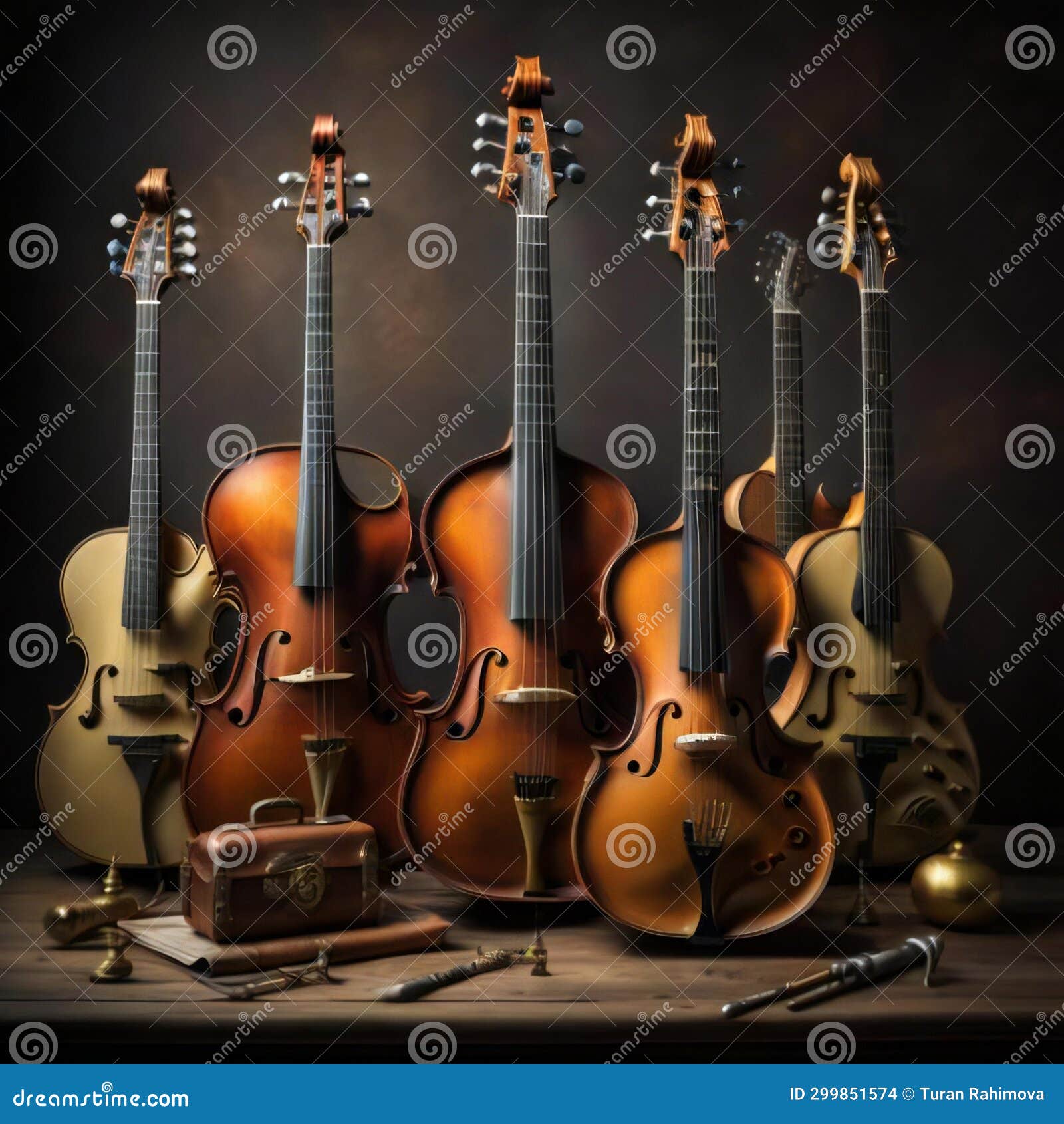 Violins and Other Musical Instruments on a Wooden Background ...