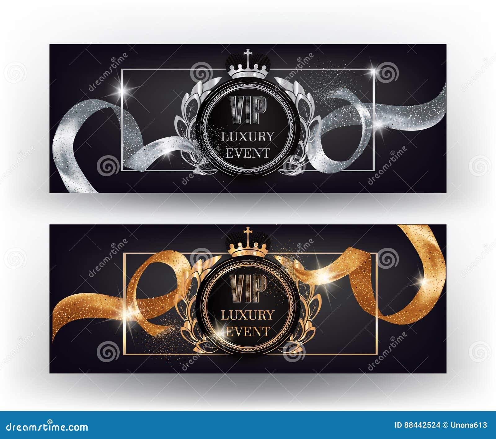 VIP Banners with Gold and Silver Curly Sparkling Ribbons. Stock Vector ...