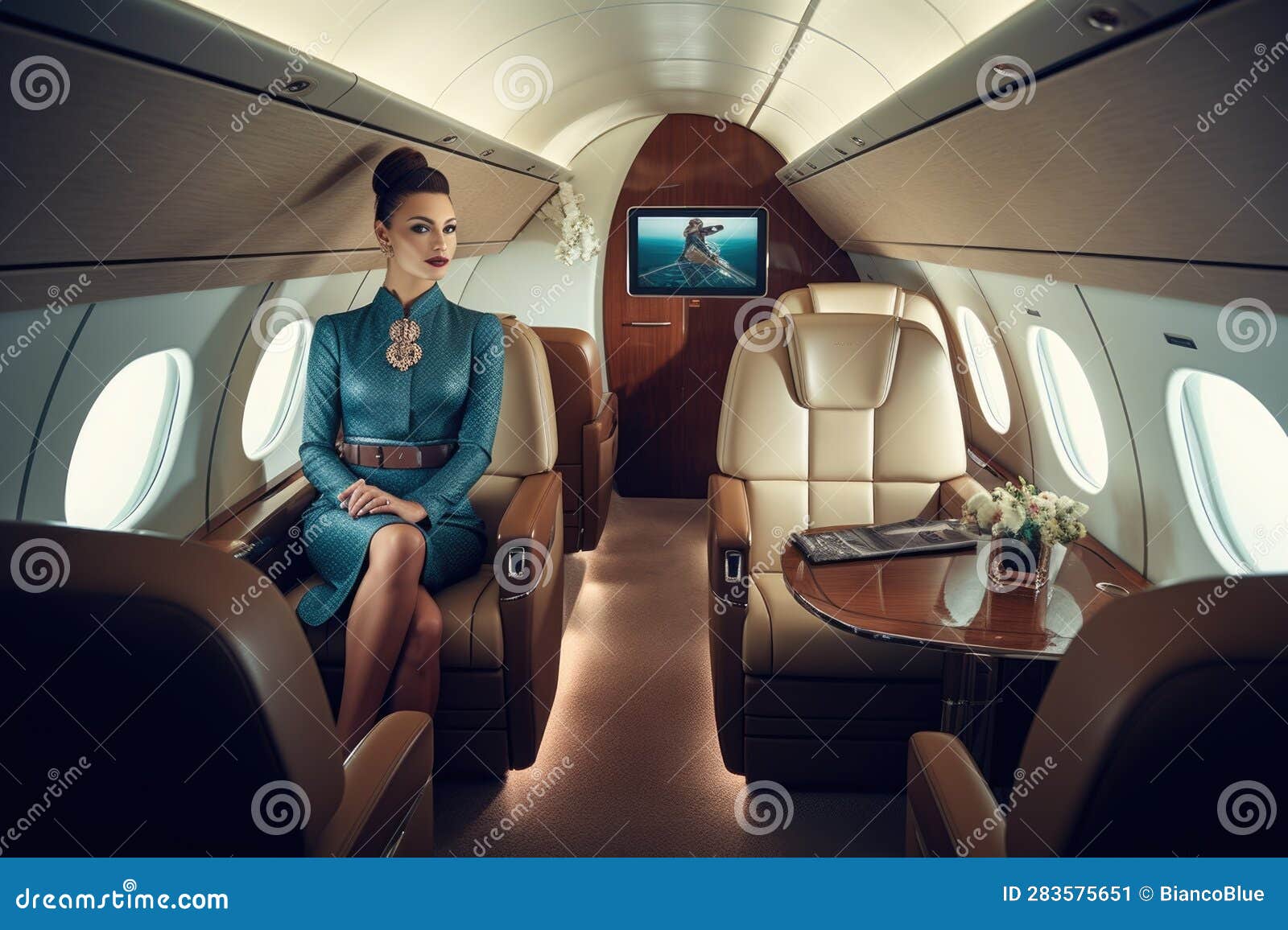 VIP Flight Attendant in Luxurious Uniform on Empty Private Jet ...