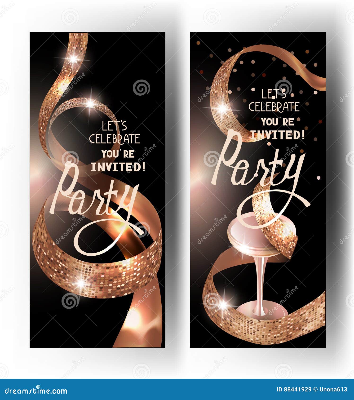 VIP Invitation Banners with Realistic Sparkling Curly Ribbons and Frame ...