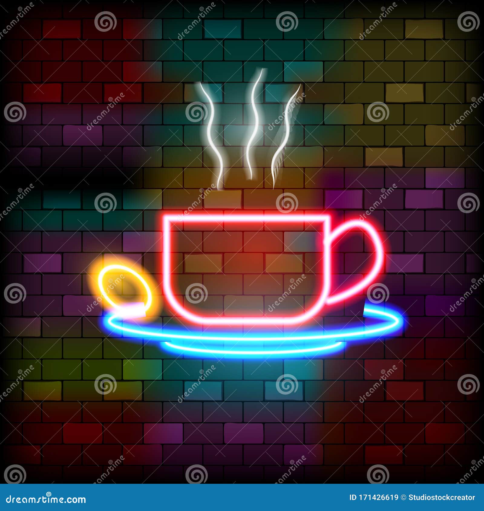Vip Neon Icon. Cute Vip Neon Cup of Tea on the Dark Brick Wall ...