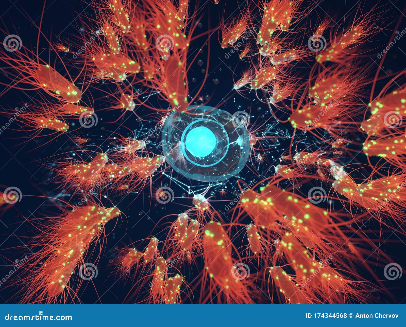 Viral Bacteria Attack a Healthy Cell. Under the Microscope. Stock ...