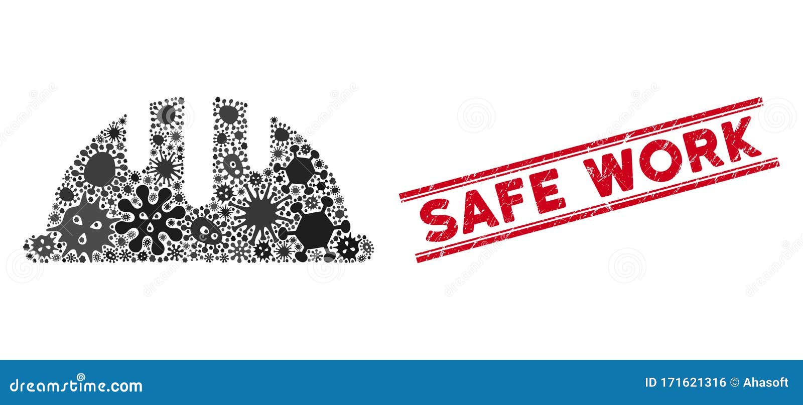 Viral Collage Helmet Icon And Scratched Safe Work Stamp With Lines ...