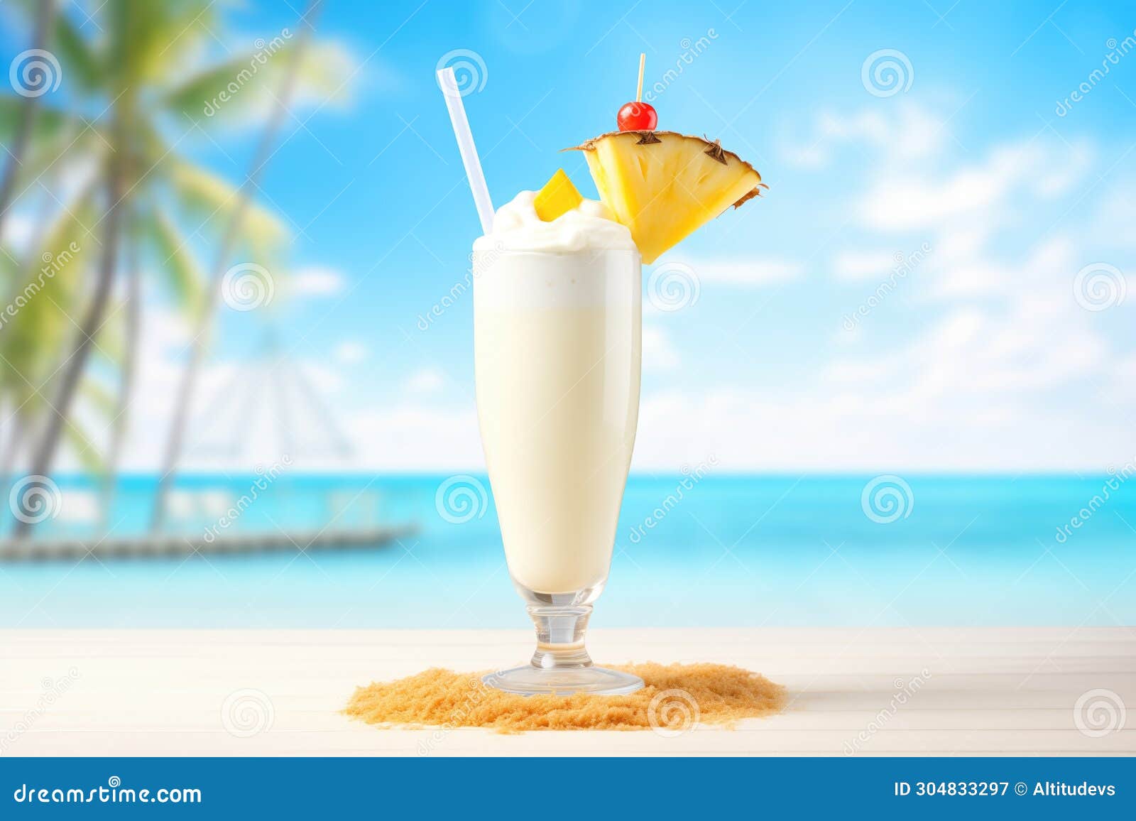 Virgin Pina Colada in a Tall Glass with a Backdrop of Ocean Waves Stock ...
