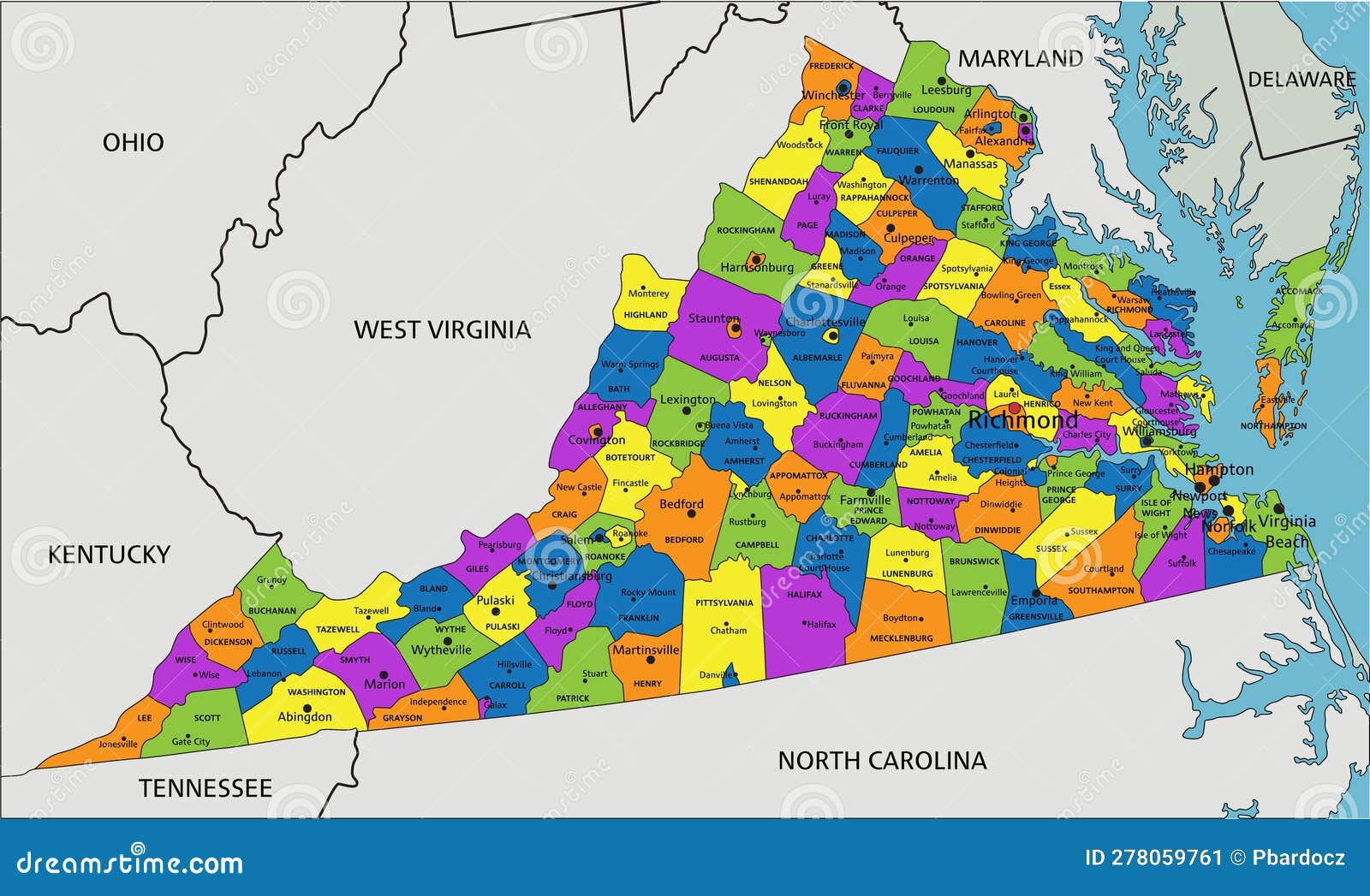 Colorful Virginia Political Map with Clearly Labeled, Separated Layers ...