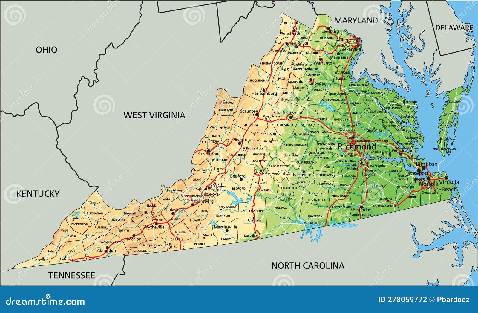 Detailed Virginia Physical Map with Labeling. Stock Vector ...