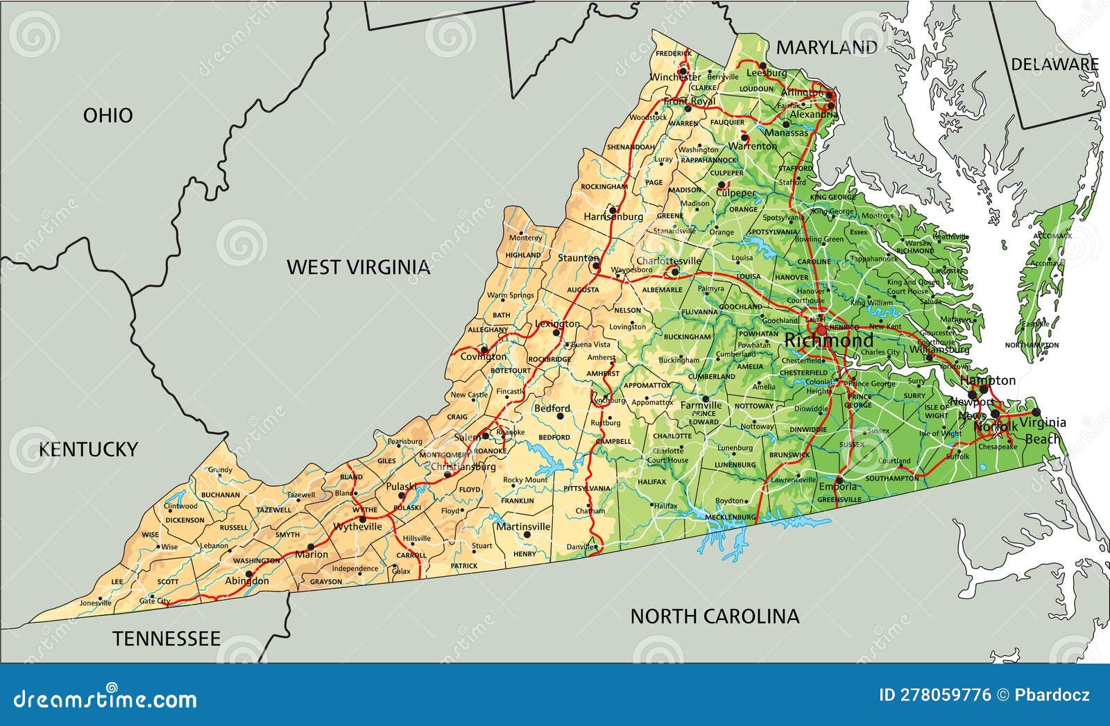 Detailed Virginia Physical Map with Labeling. Stock Vector ...
