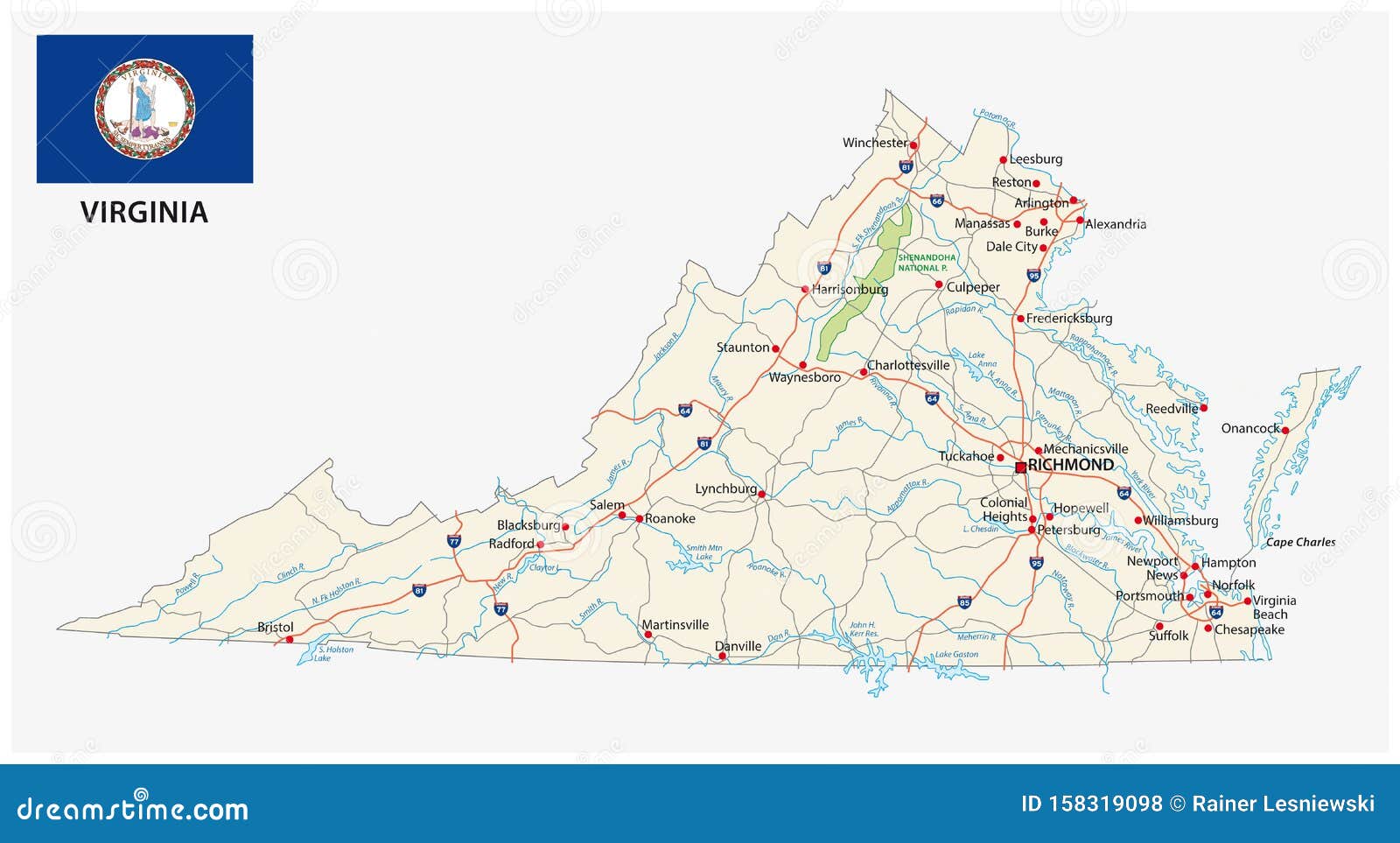Virginia Road Map with Flag Stock Vector - Illustration of territory ...