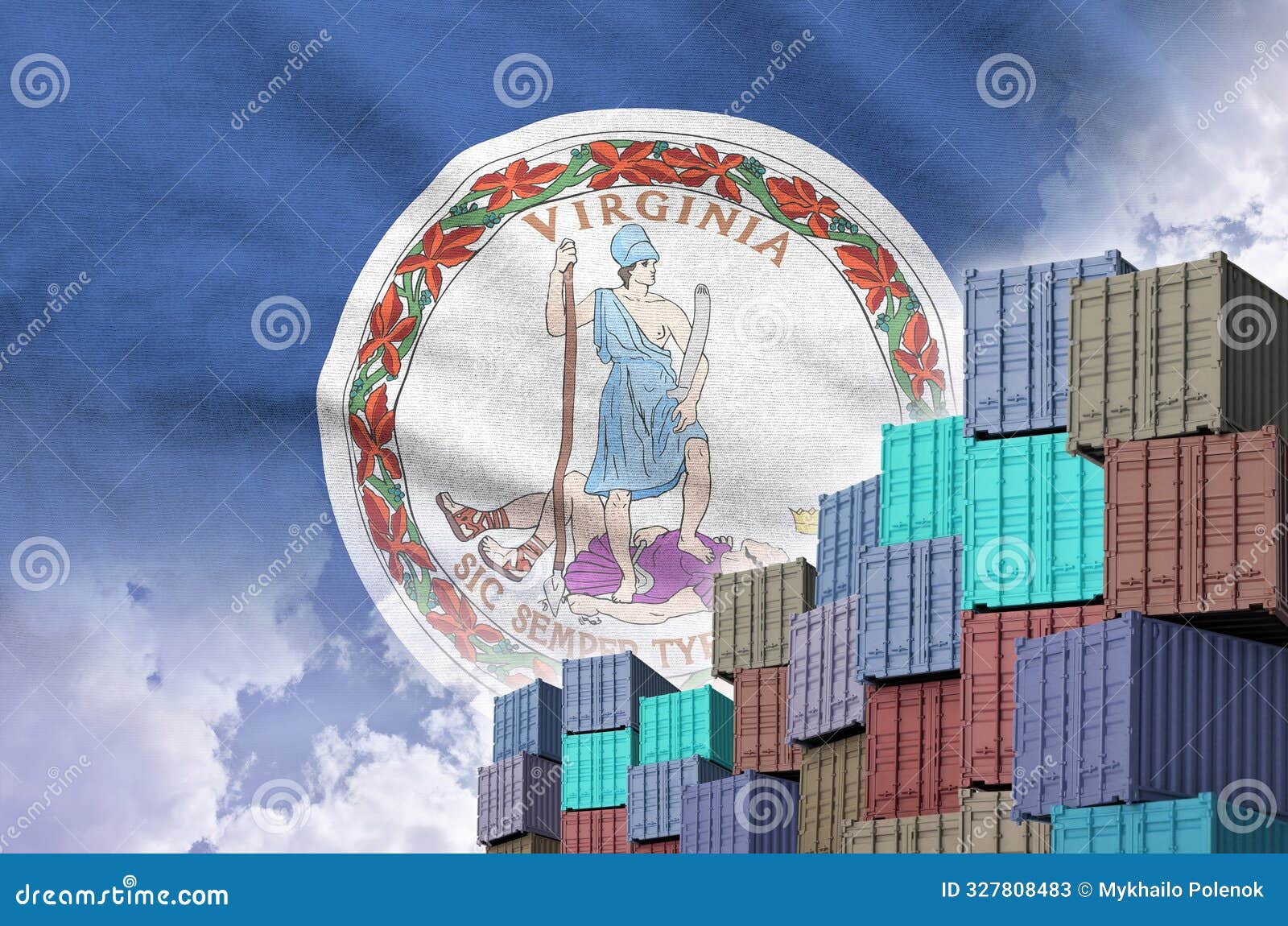 Virginia US State Flag and Big Stack of Shipping Cargo Containers in ...