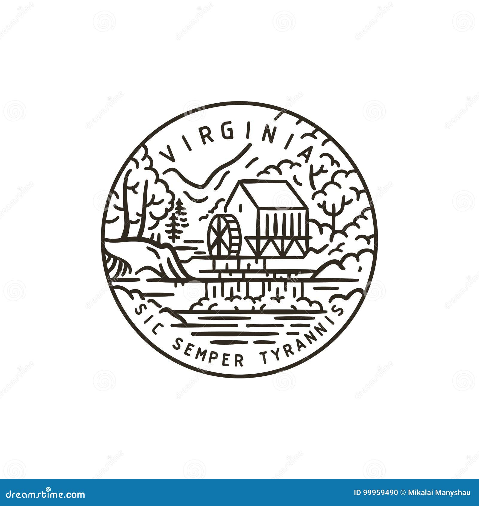 Virginia. Water mill. stock vector. Illustration of emblem - 99959490