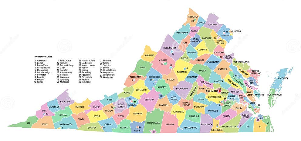 Virginia, U.S. State, Counties and Independent Cities, Colored Map ...