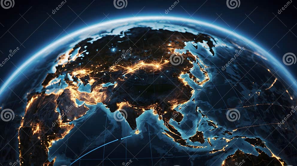 Virtual 3D Globe Map with Interactive Routes and Global Landmarks Stock ...