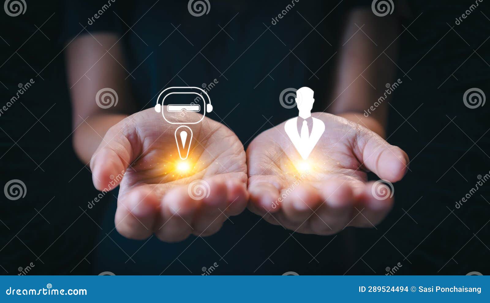 Virtual Artificial Intelligence of Robot and Man Icon on Hands. Stock ...