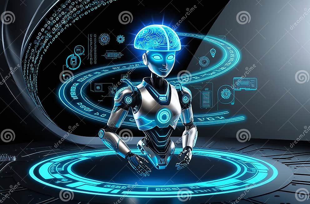 Virtual Assistant Bot with a Glowing Digital Brain Hovering in Mid-air ...